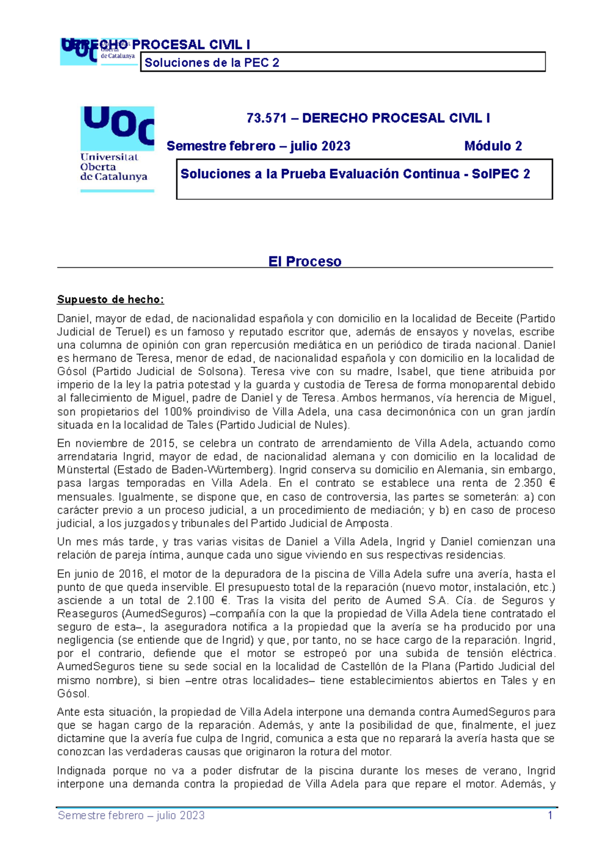 73.571 Sol PEC 2 - 73.571 Sol PEC 2 - 73 – DERECHO PROCESAL CIVIL I Semestre febrero – julio ...