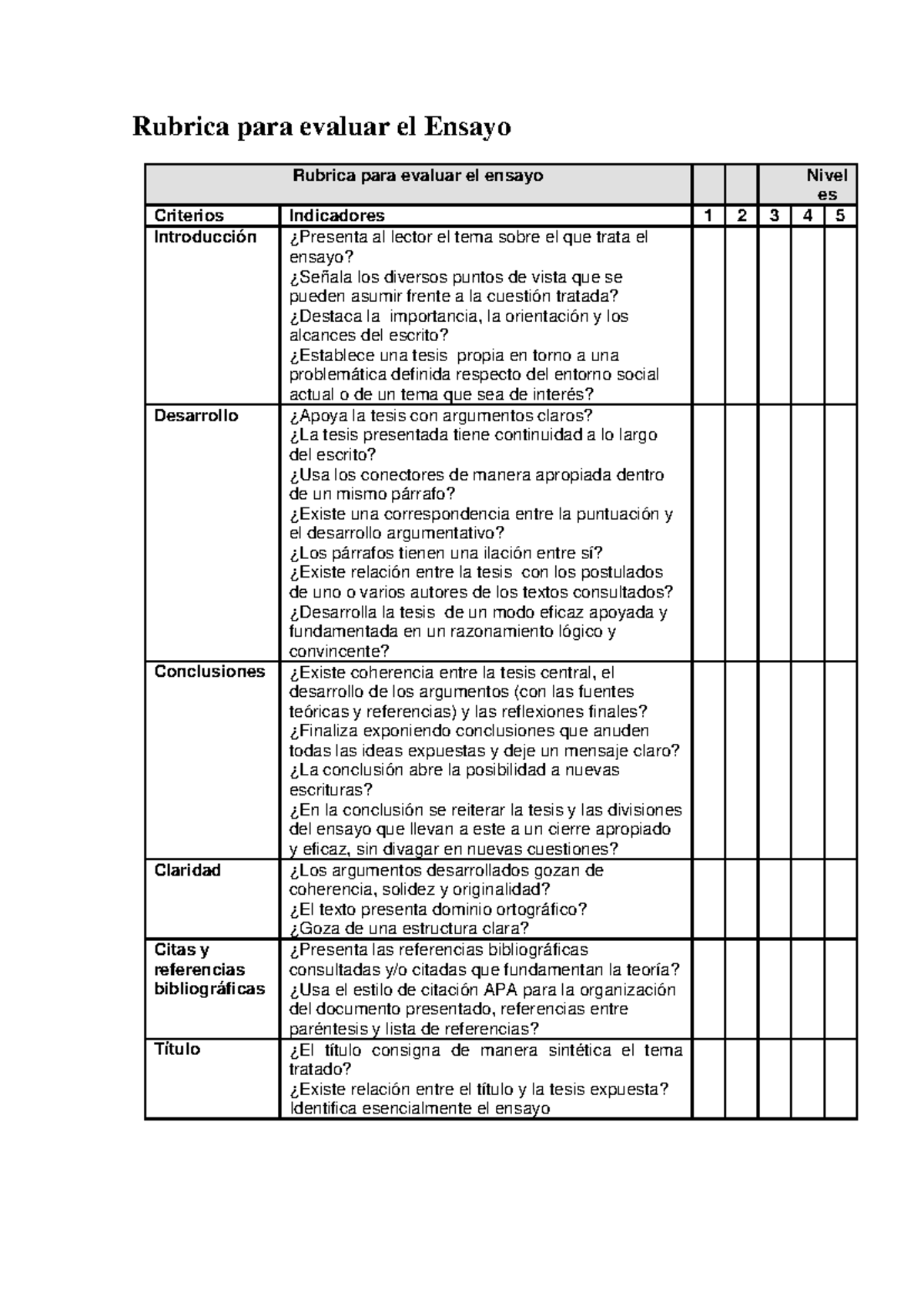 Rúbrica para evaluar el ensayo - Rubrica para evaluar el Ensayo Rubrica ...