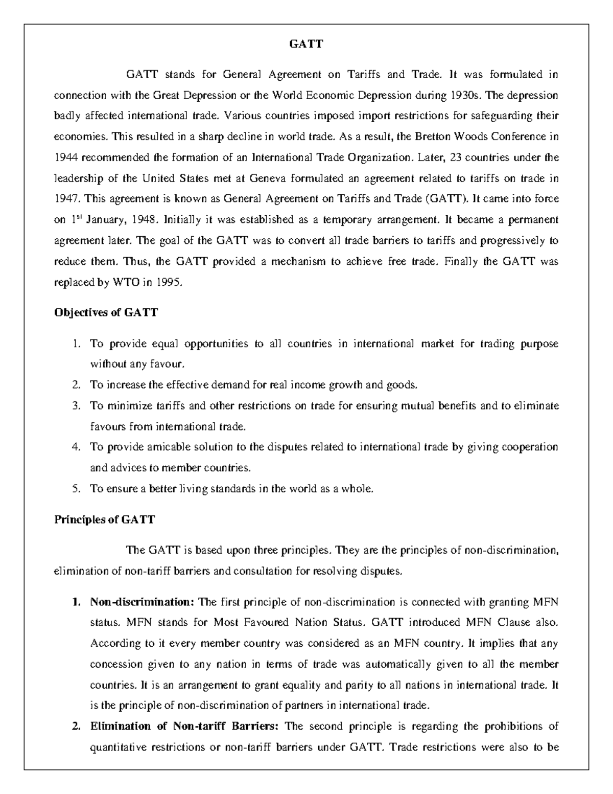 GATT - It's lecture notes - GATT GATT stands for General Agreement on ...