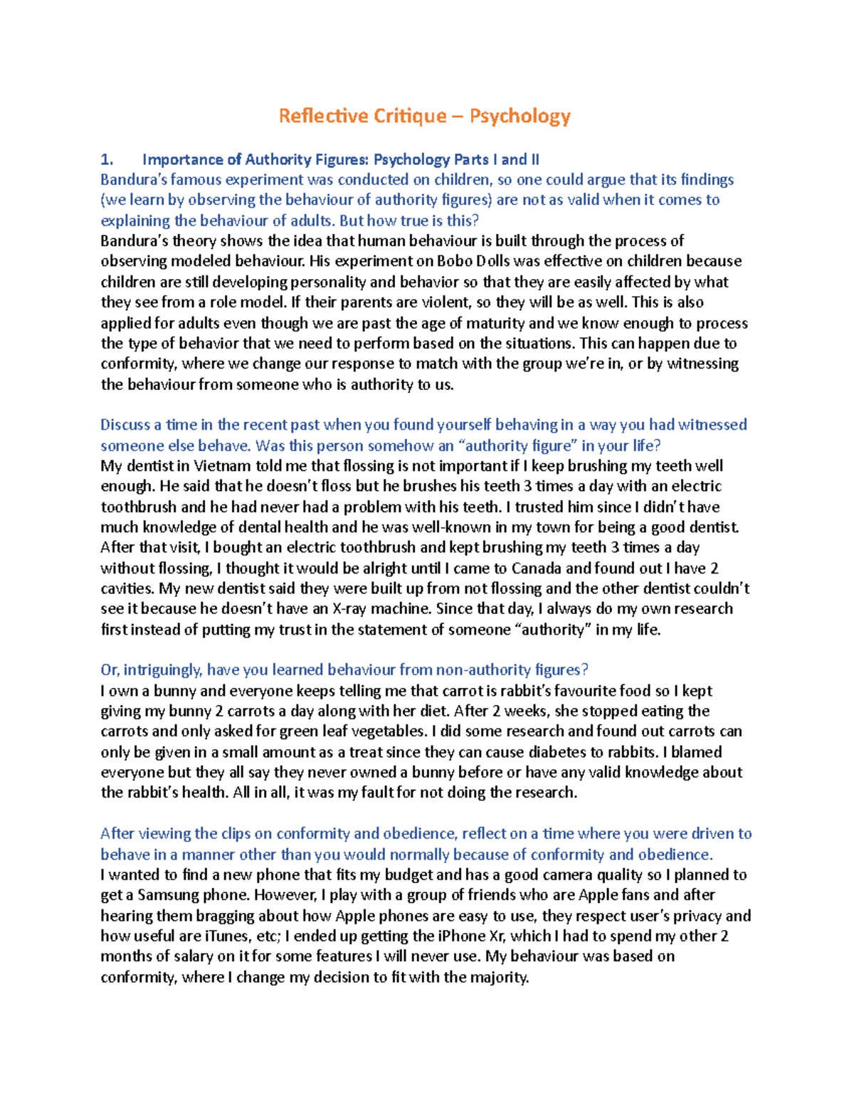 GHUM 1087 - Self Reflection 2 Psychology - Reflective Critique ...