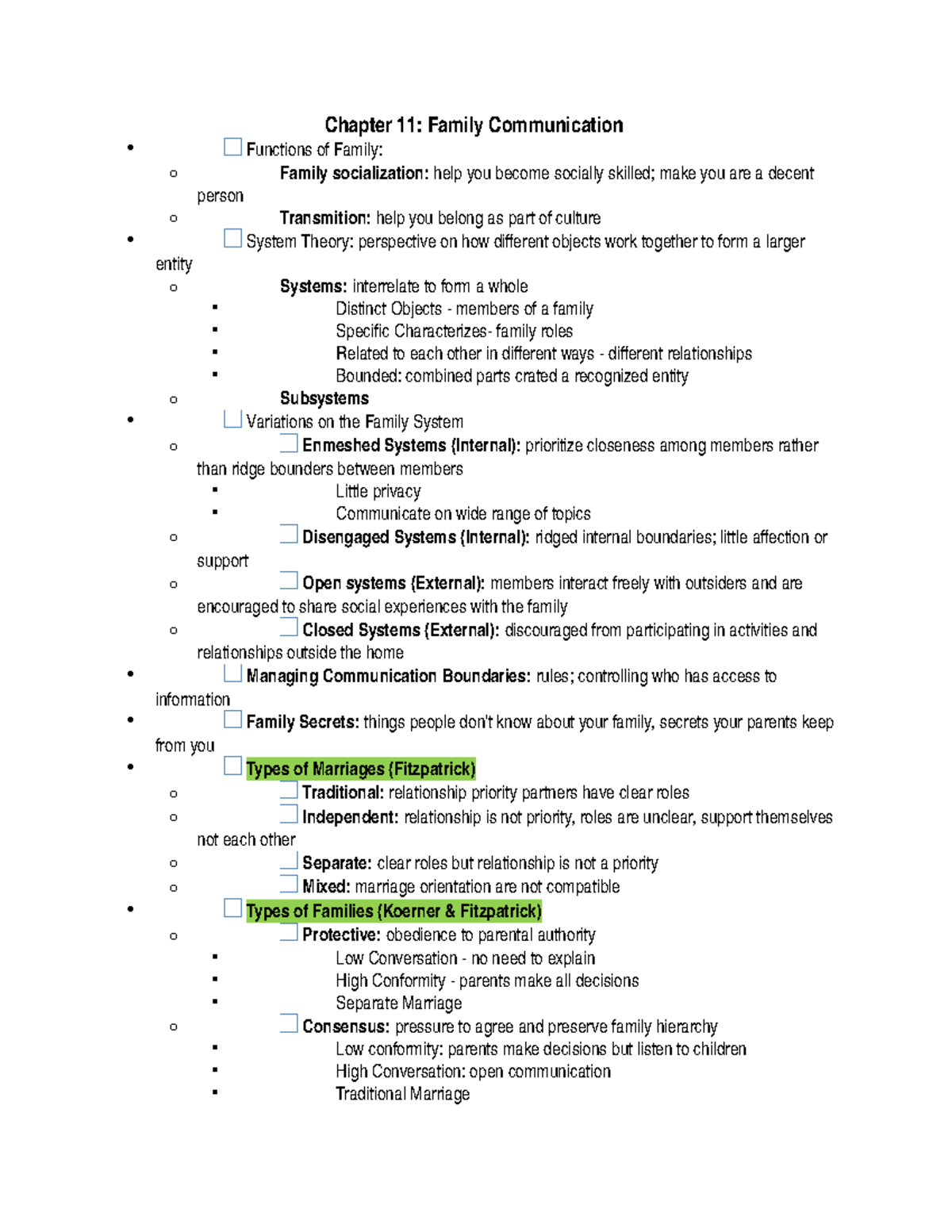 Unit 3 Chapter 11 Class Notes - Chapter 11: Family Communication ...