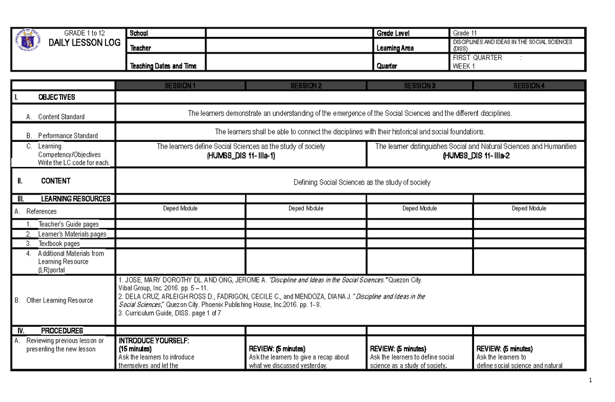 Week 1 - notes. - GRADE 1 to 12 DAILY LESSON LOG School Grade Level ...