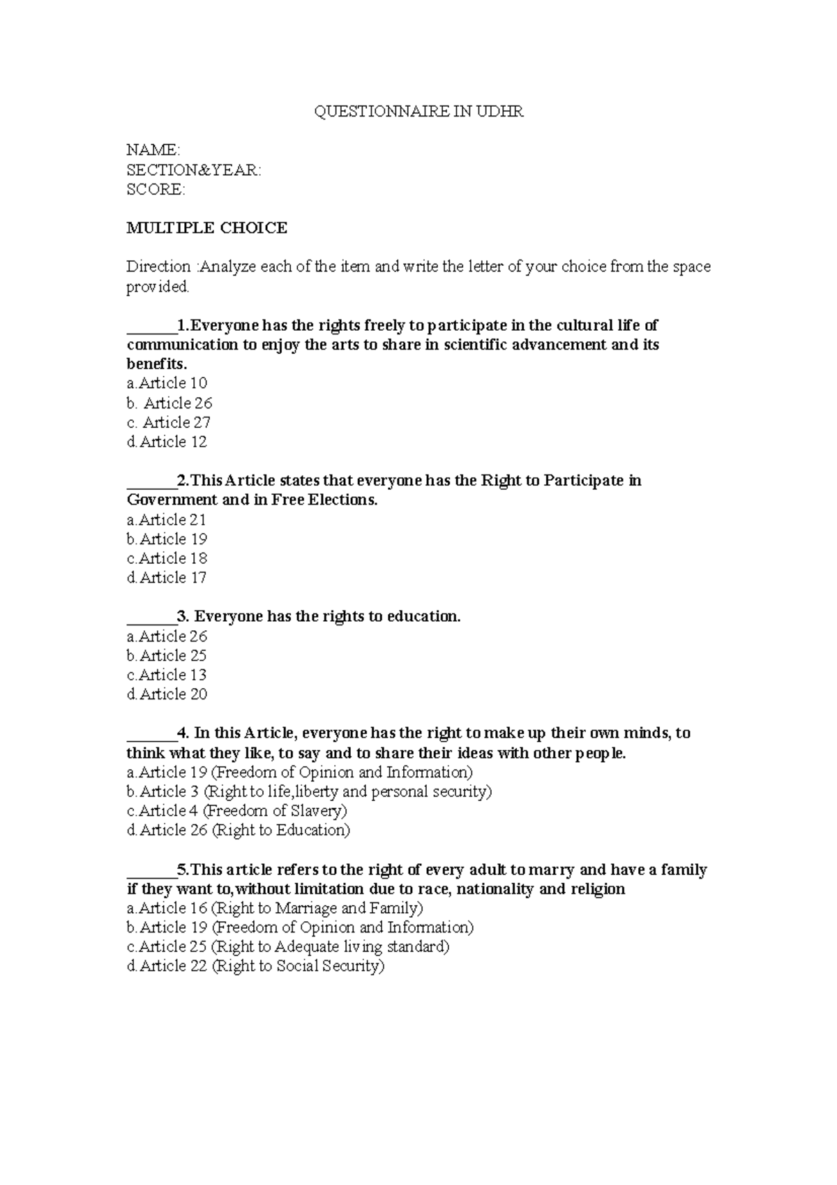 Questionnaire IN UDHR - Universal Declaration of Human Rights.It give ...