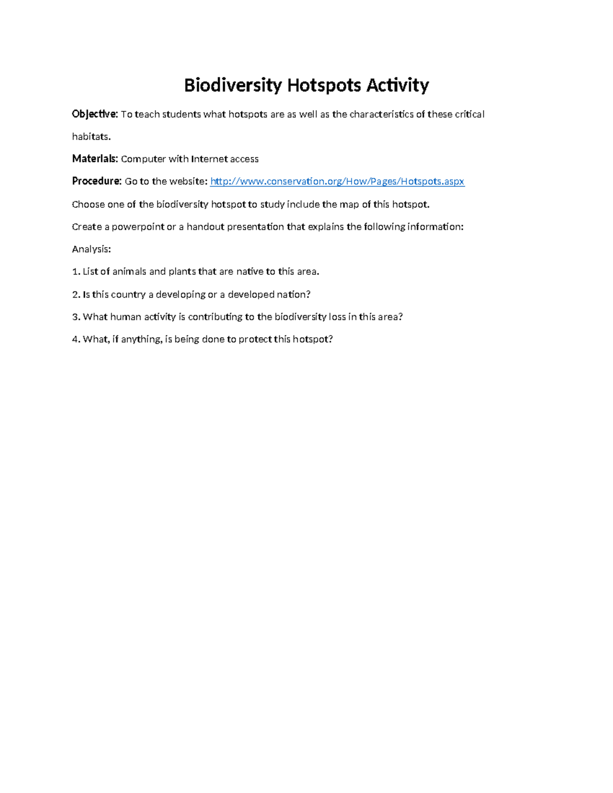 Biodiversity Hotspots Activity - Biodiversity Hotspots Activity ...