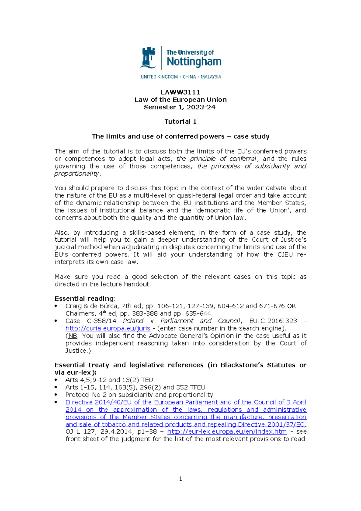 Tutorial 1 handout 2023-24 - LAWW Law of the European Union Semester 1 ...