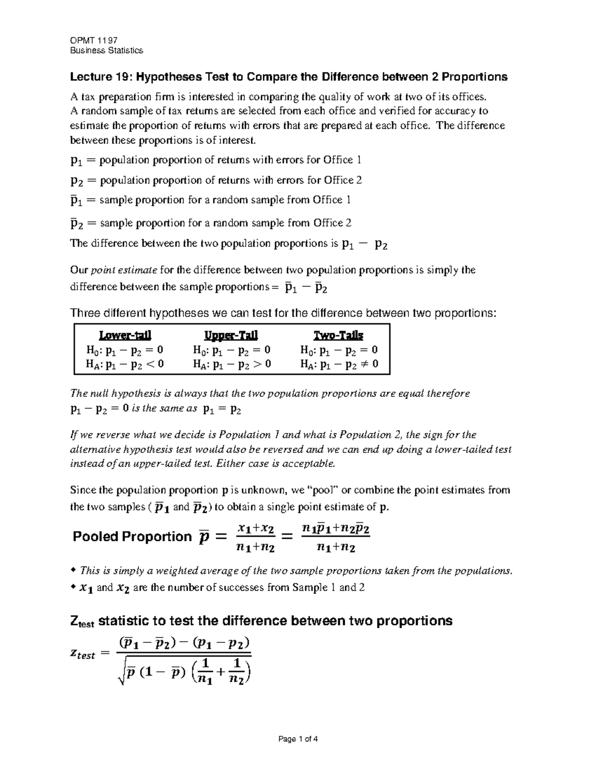 Lecture 19 Two Proportions - Business Statistics Lecture 19: Hypotheses ...