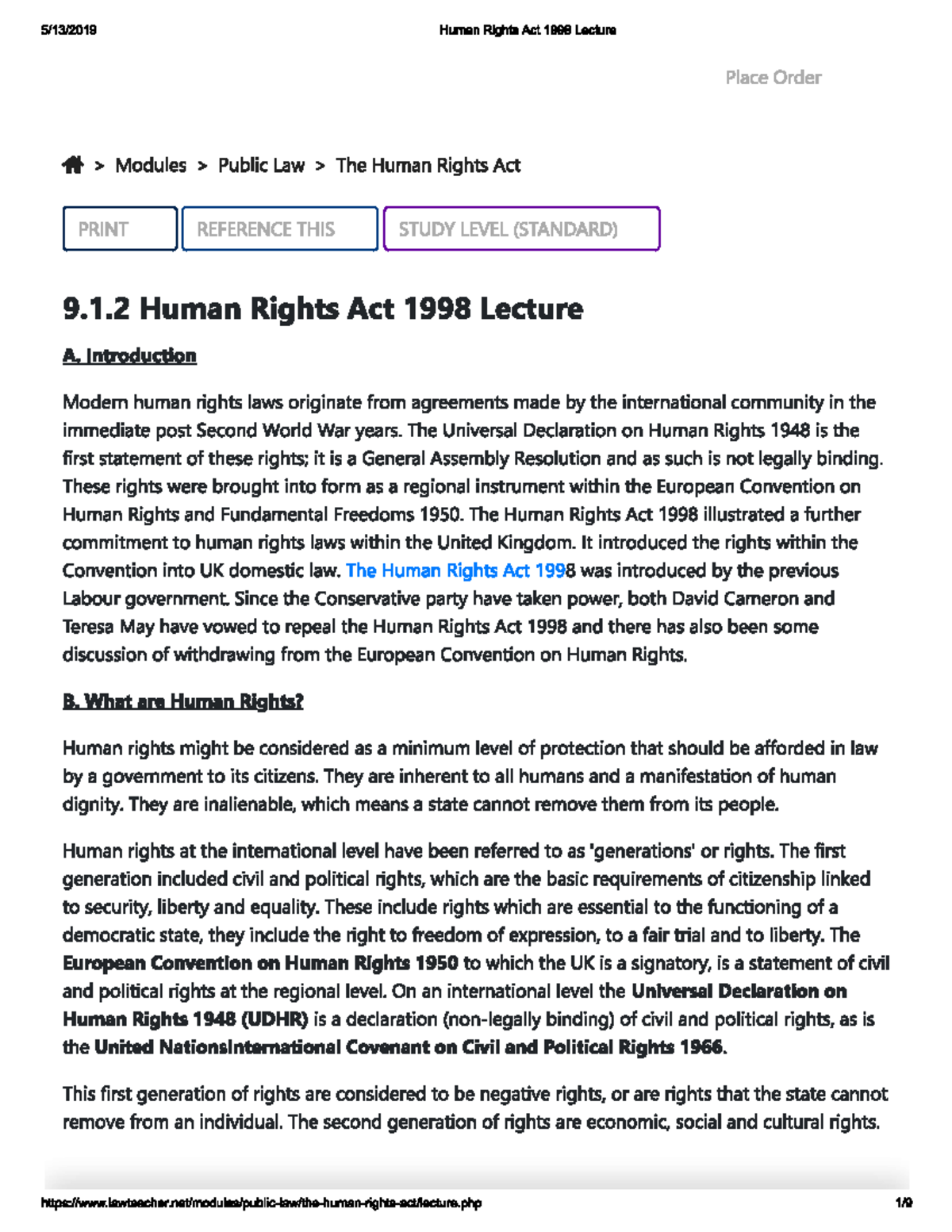 Human rights act - Lectures from LawTeacher - LA1020 - Studocu