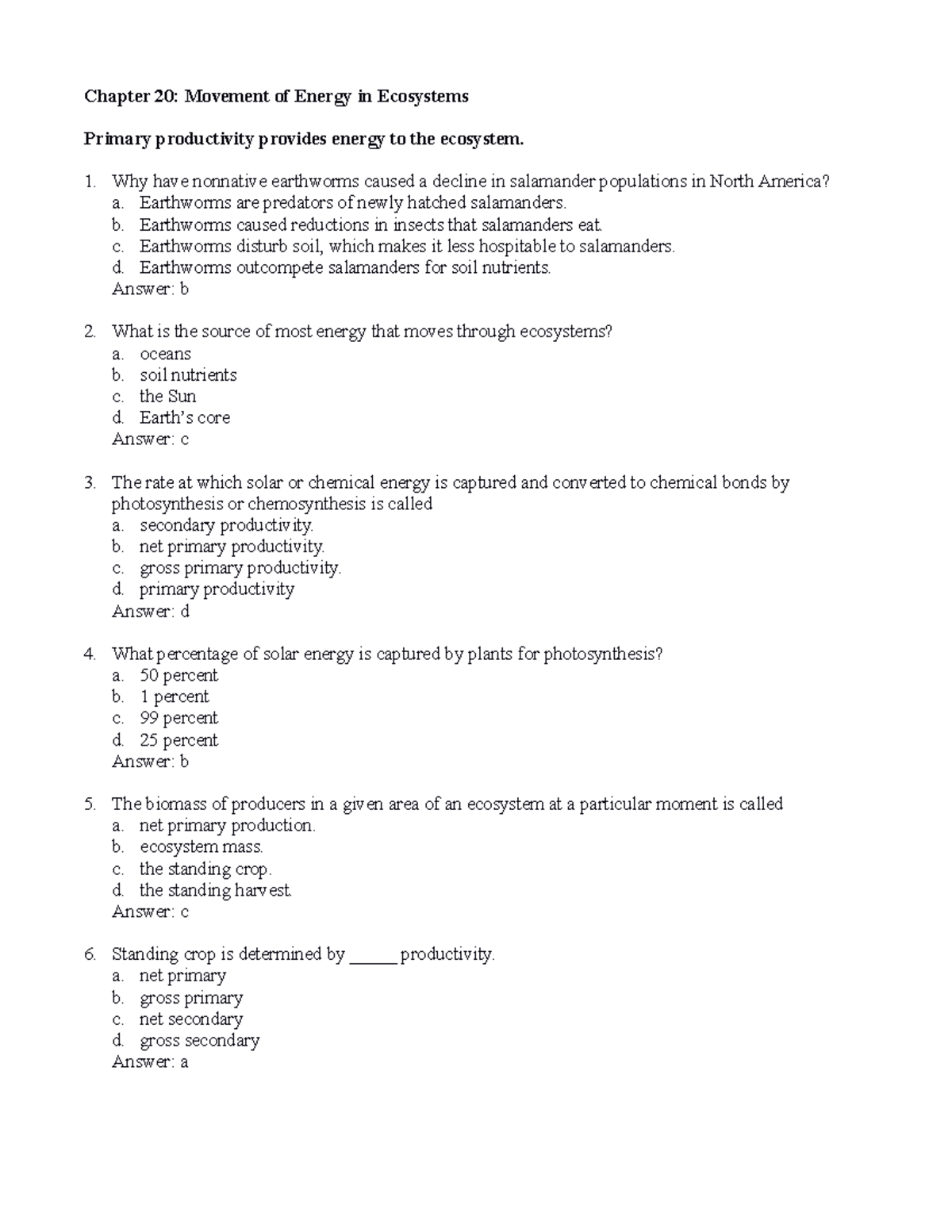PCB3043- Chapter 20- TEST BANK - Chapter 20: Movement of Energy in ...