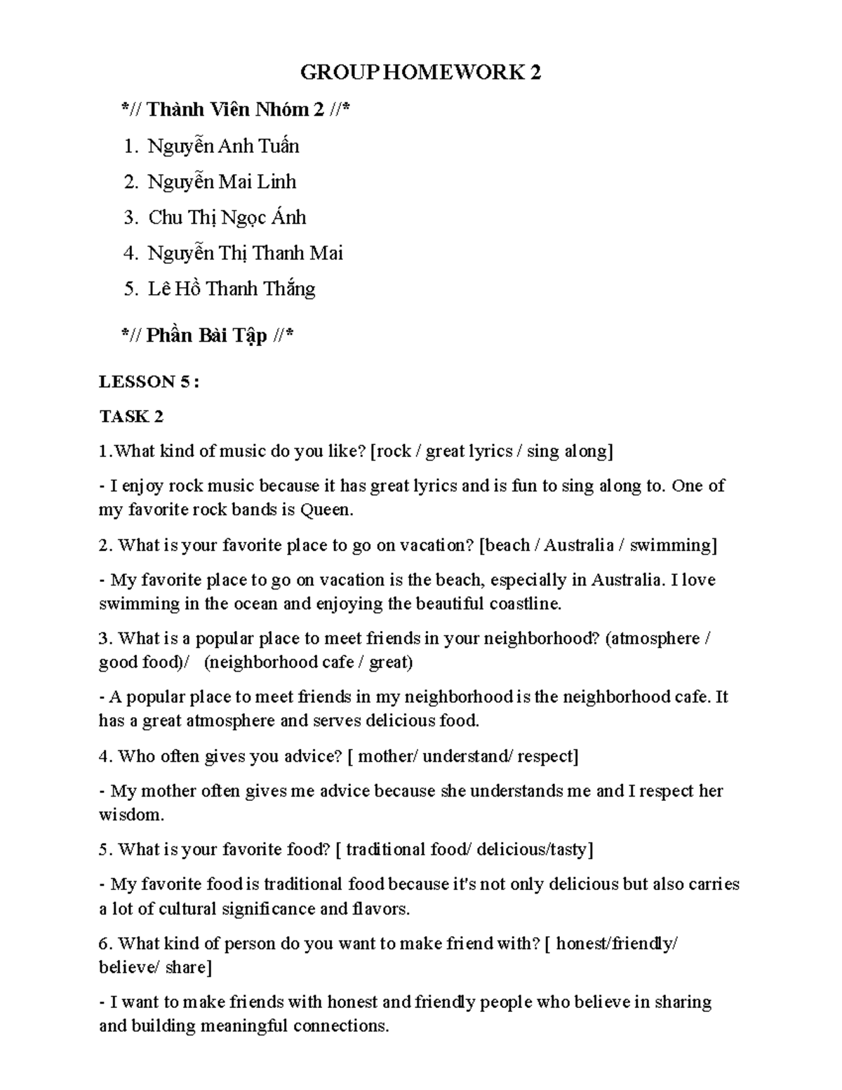 Group Homework 2 - Speaking 2 - GROUP HOMEWORK 2 // Thành Viên Nhóm 2 ...