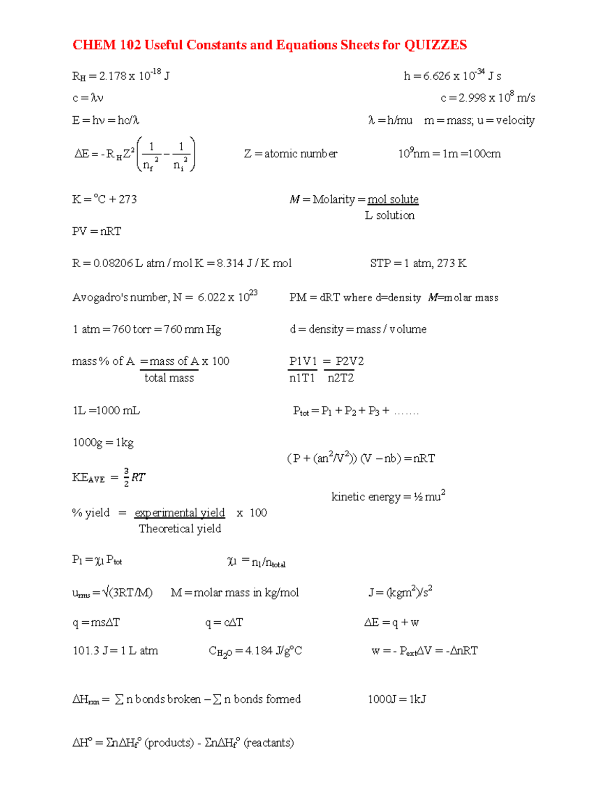 Consts sheet and Periodic Table for Exam prep questions - CHEM 102 ...