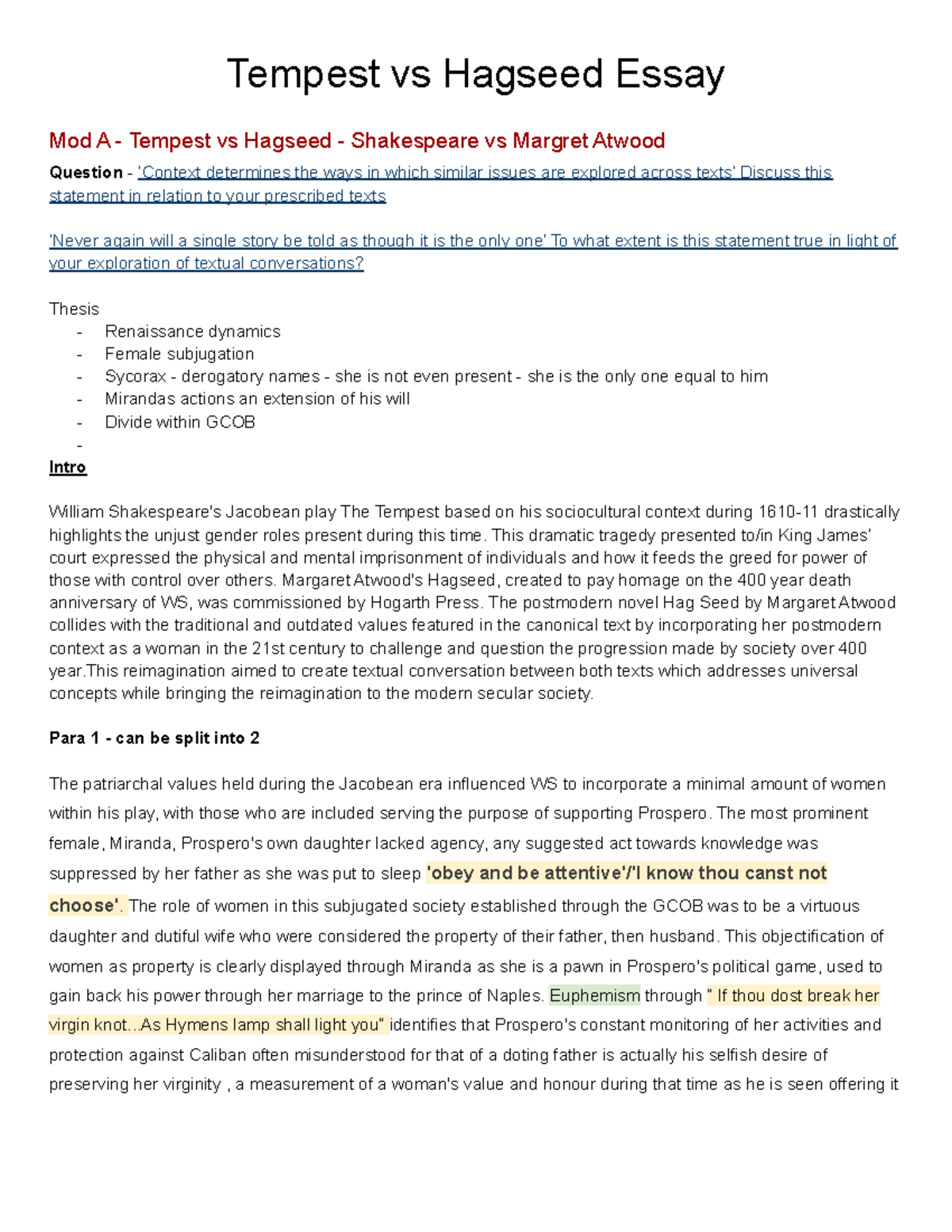Tempest vs Hagseed Essay - Studocu