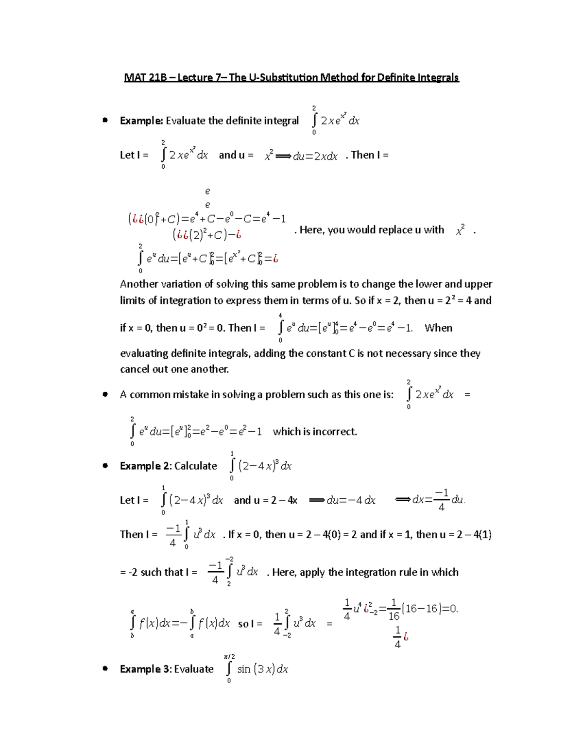 MAT 21B – Lecture 7– The U-Substitution Method for Definite Integrals ...