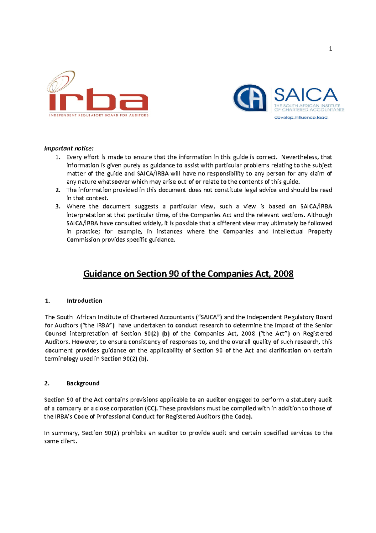 2 Section S90(2) Guidance document - Important notice: 1. Every effort ...