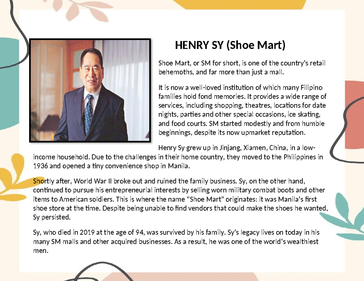 Entrep - lecturer notes - HENRY SY (Shoe Mart) Shoe Mart, or SM for ...