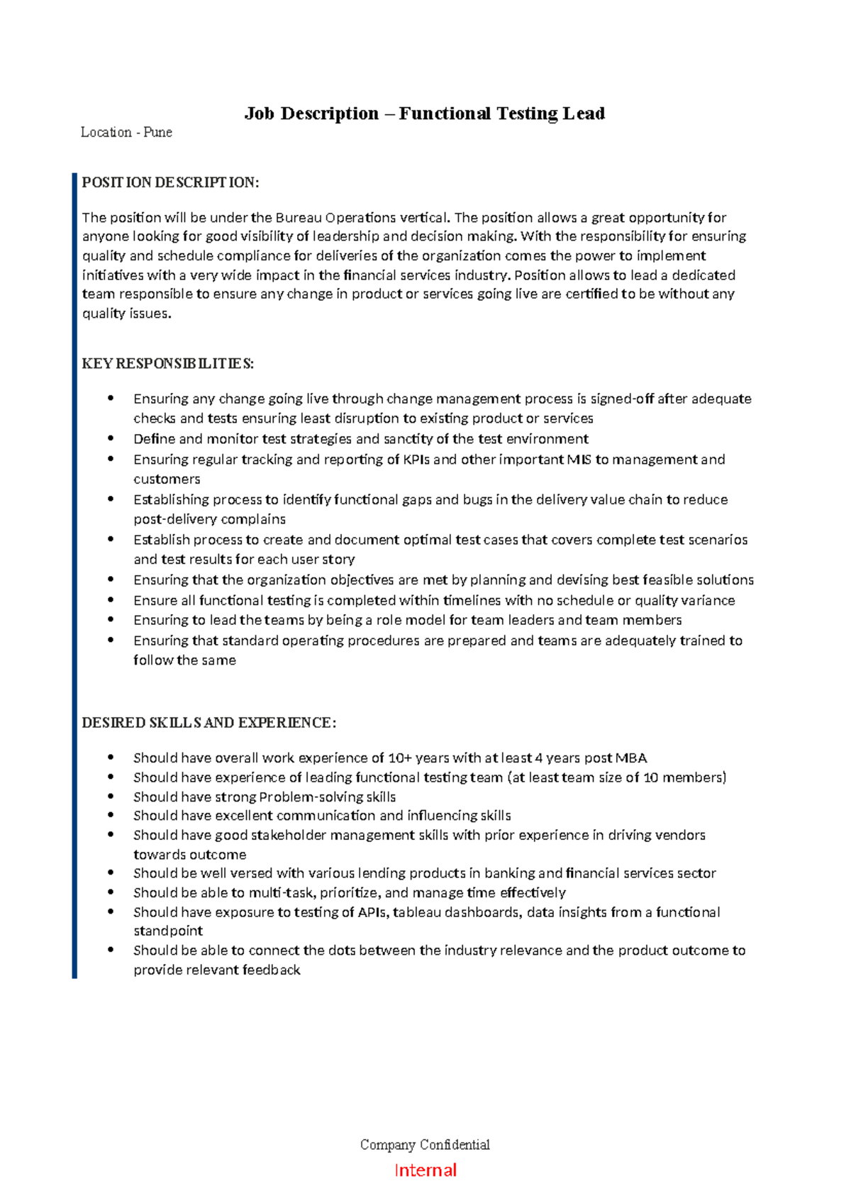 JD Functional Testing Lead - Internal Job Description – Functional ...