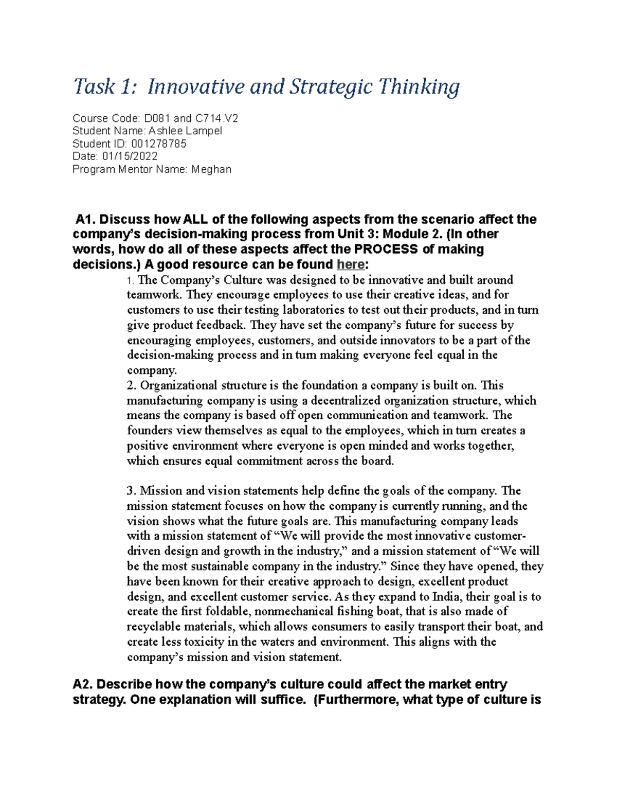 Innovative thinking task 1 - Task 1: Innovative and Strategic Thinking ...