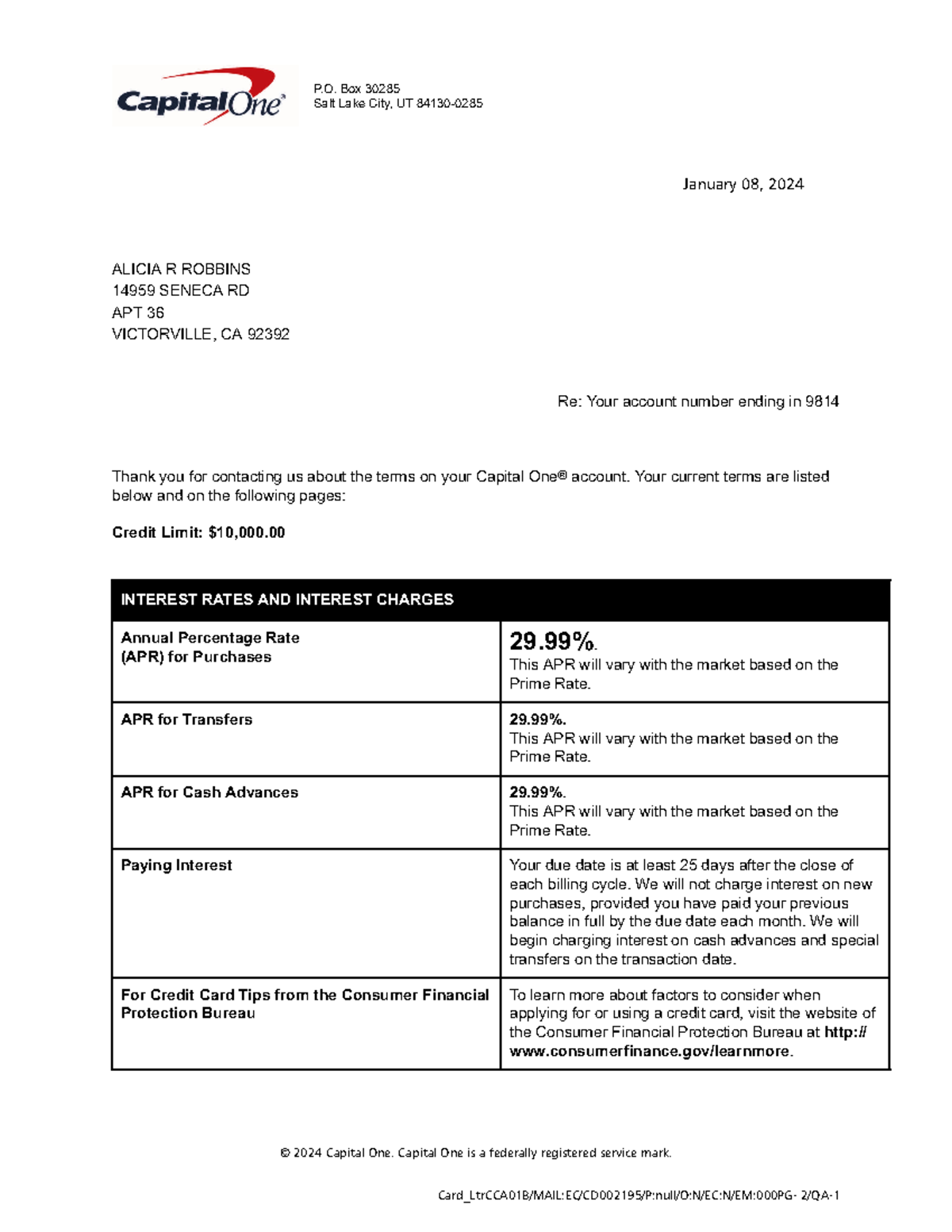 Credit Card Terms and Agreement - P. Box 30285 Salt Lake City, UT 84130 ...