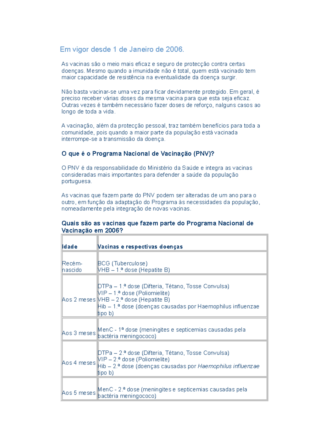 PNV - ... - Em vigor desde 1 de Janeiro de 2006. As vacinas são o meio ...