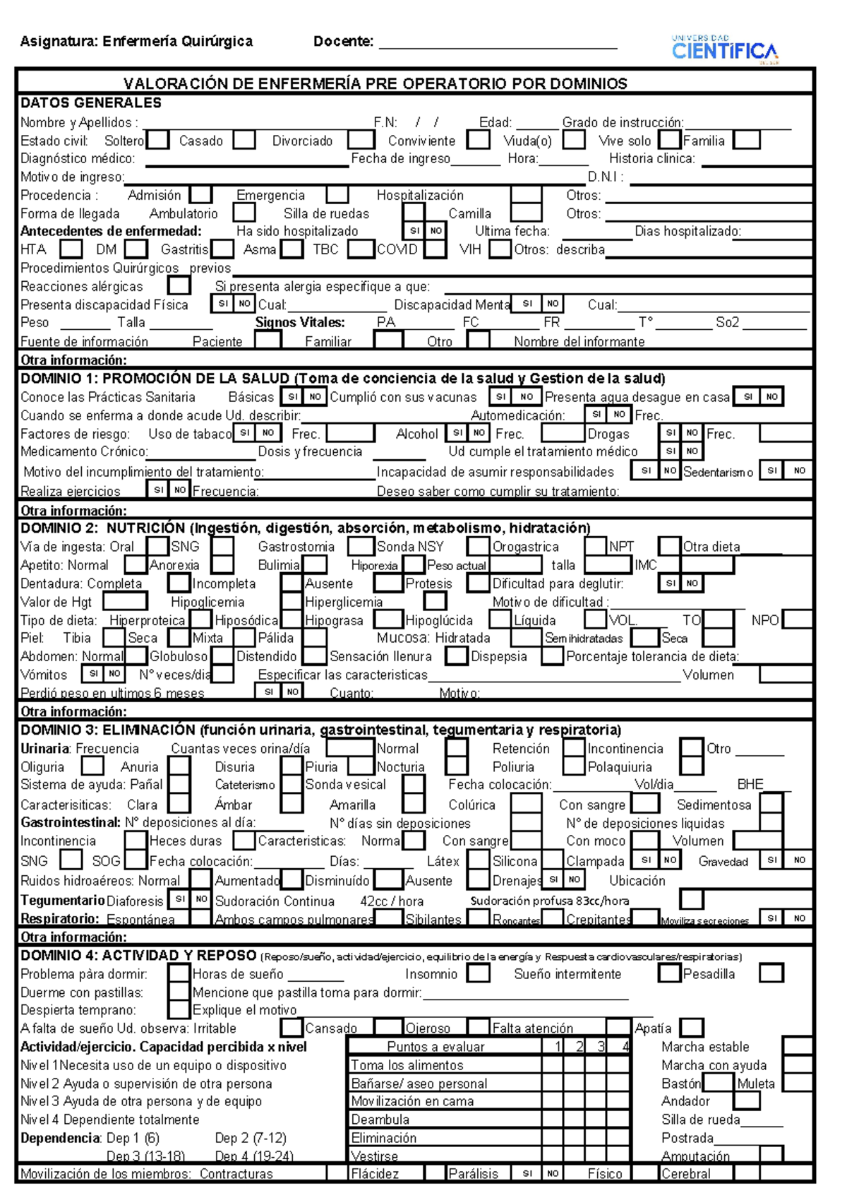 Registro DE Valoración - PRE Operatorio 2024-1 - Asignatura: Enfermería ...