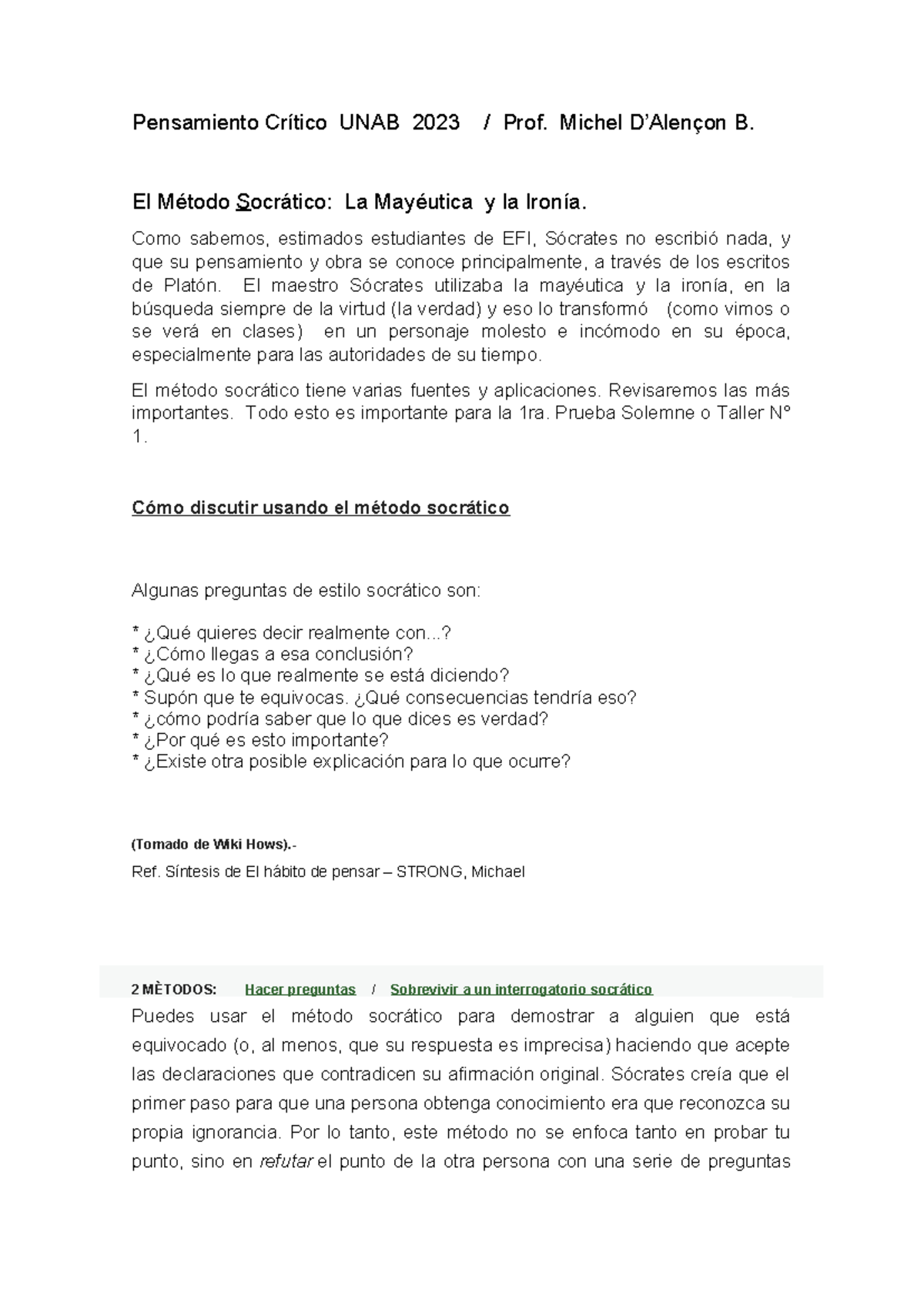 Apuntes El Mètodo Socràtico - Pensamiento Crítico UNAB 2023 / Prof ...