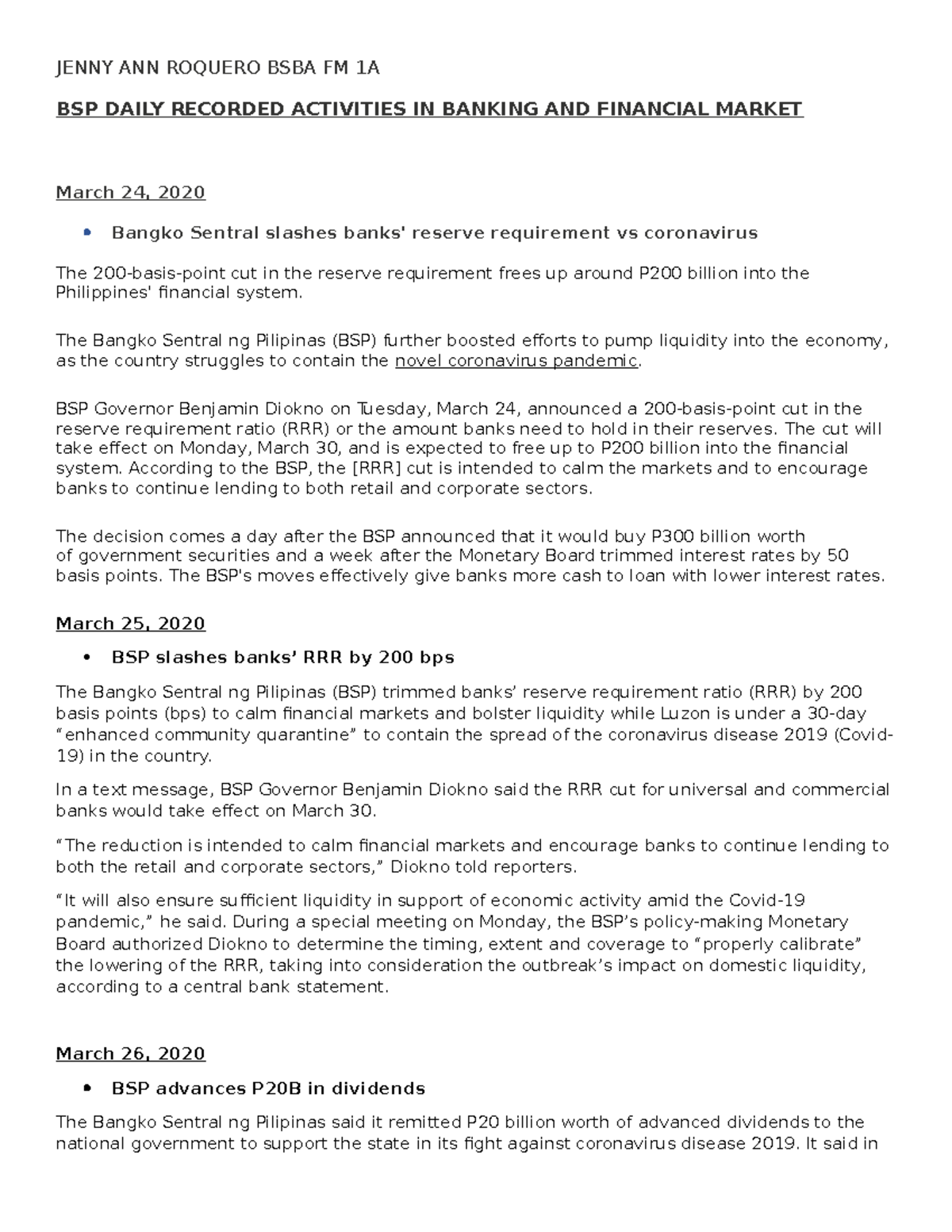 BSP Record Of Activities - JENNY ANN ROQUERO BSBA FM 1A BSP DAILY ...