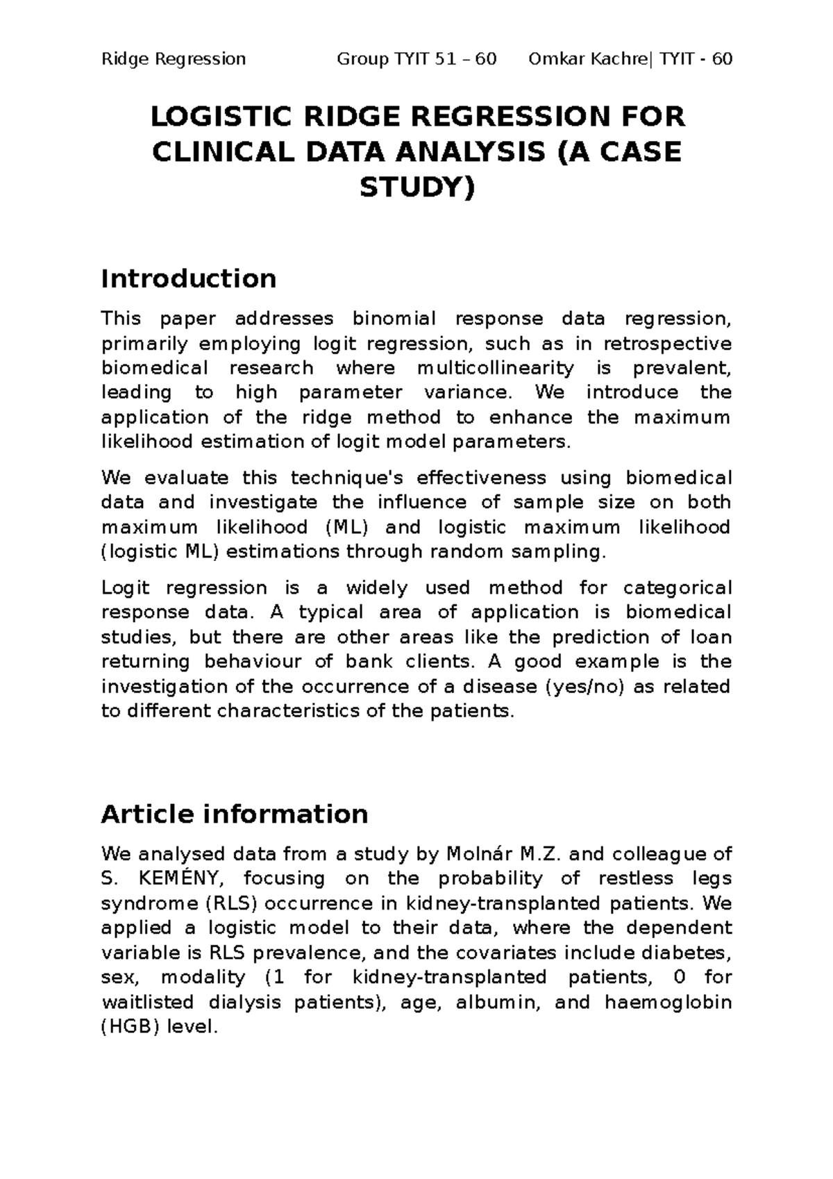 Ridge Regression O - LOGISTIC RIDGE REGRESSION FOR CLINICAL DATA ...