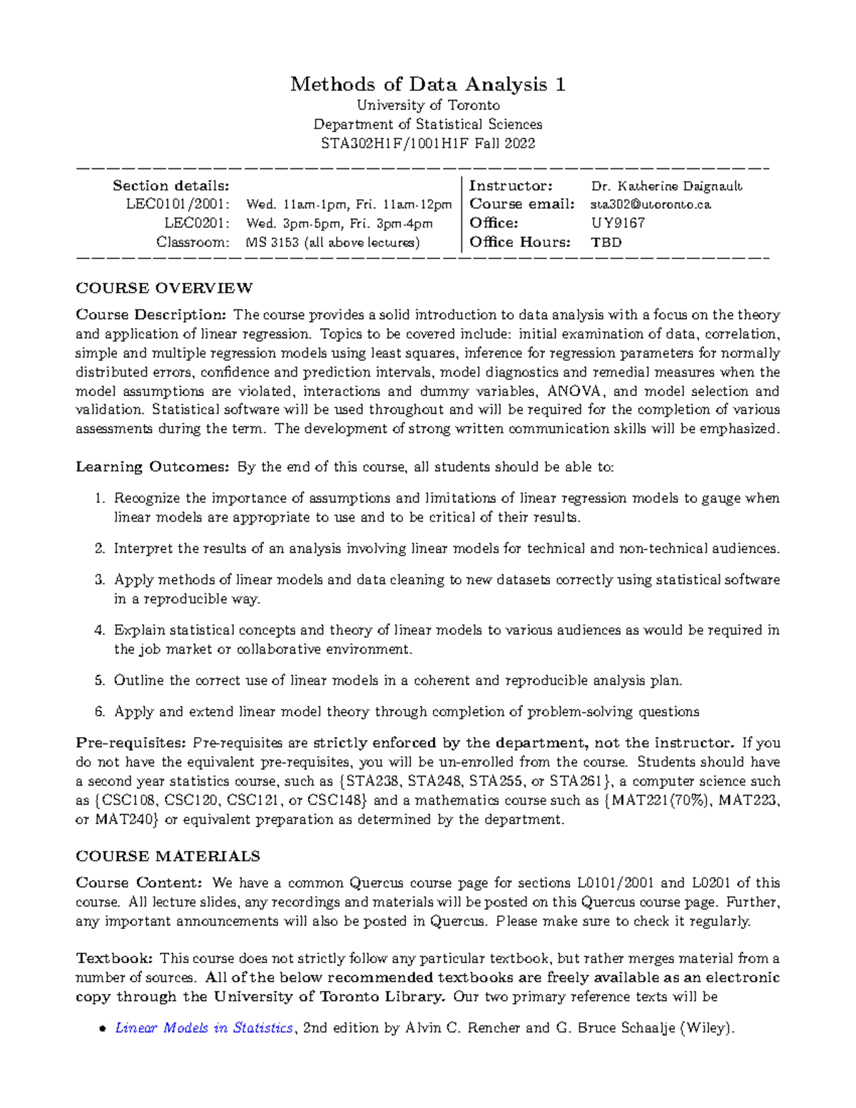 Syllabus 302 - Methods of Data Analysis 1 University of Toronto Department of Statistical ...