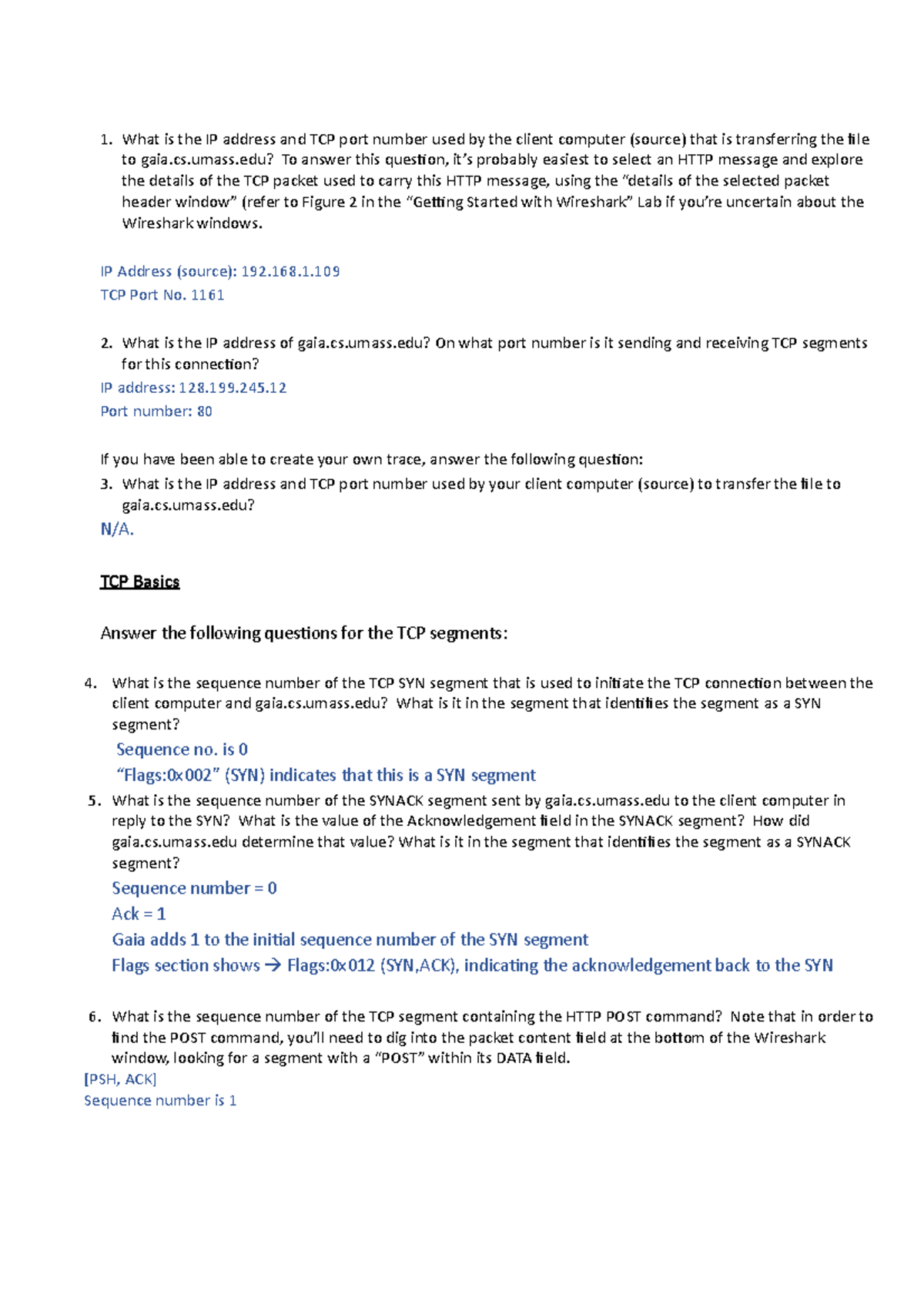 Netfun Lab 6 Lab 6 Answers Wireshark What Is The Ip Address And Tcp Port Number Used By The