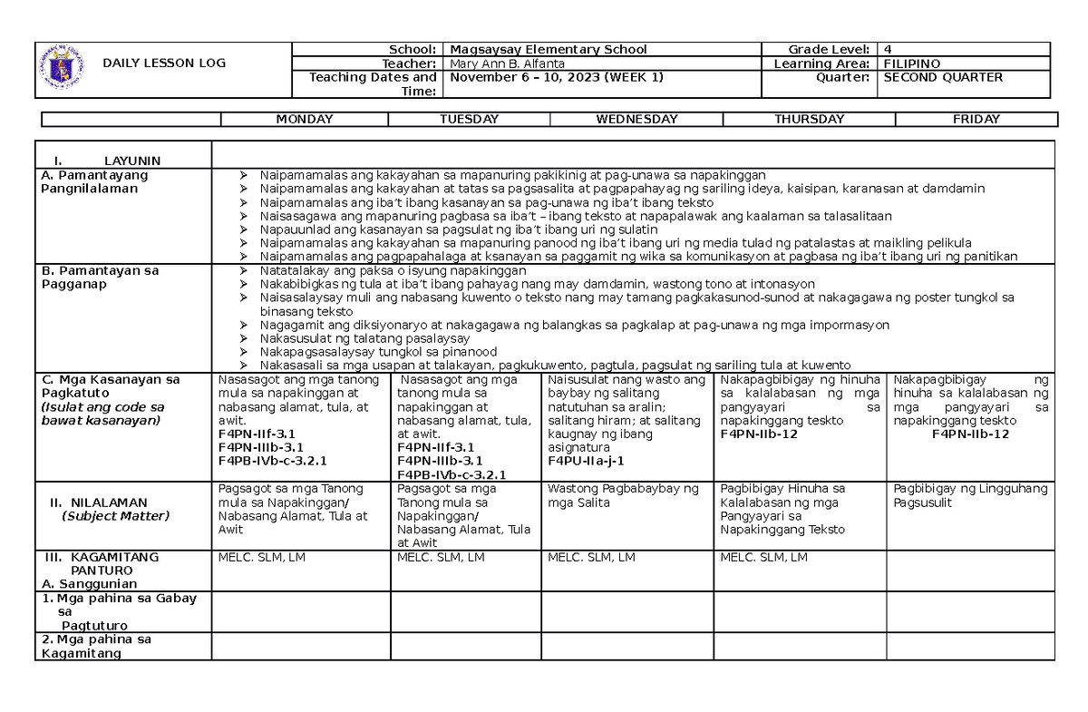 G4 DLL Filipino Q2 W1 - DAILY LESSON LOG School: Magsaysay Elementary ...