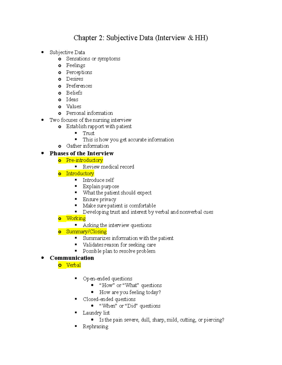 Chapter 2 Subjective Data - Interview & Health History - Chapter 2 ...