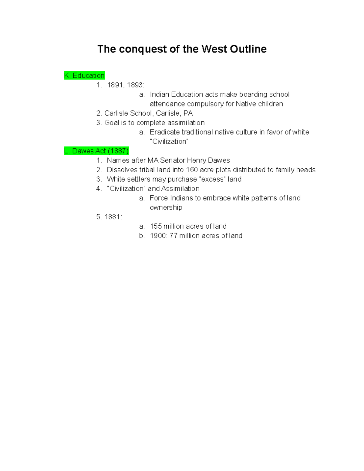U.S History until 1877-The conquest of the West Outine Notes - The ...