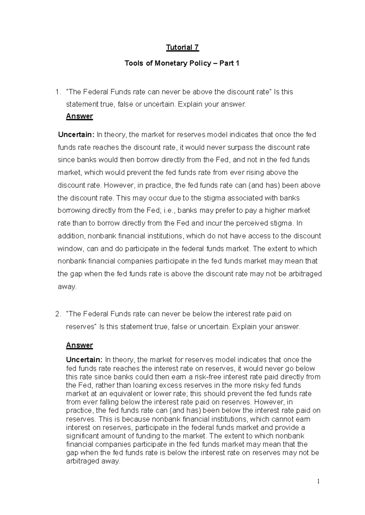 Tutorials 7 guided ans - Solutions - 1 Tutorial 7 Tools of Monetary ...
