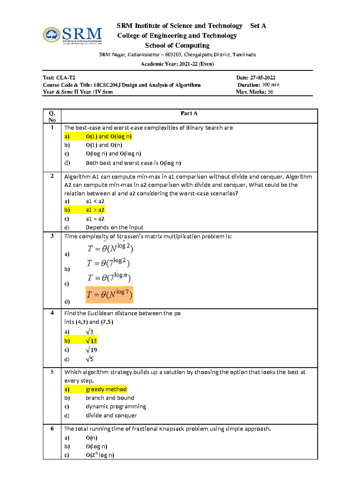 Ct2 D Answer Key Ct2 Pyq Srm Institute Of Science And Technology Set A College Of