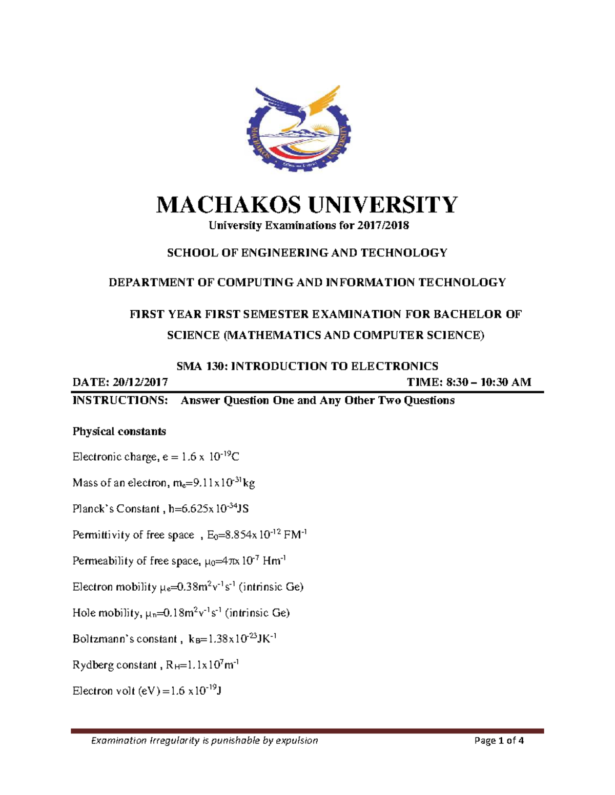 Sma 130 Intro TO Electronics mks2017 - MACHAKOS UNIVERSITY University Examinations for 2017 ...