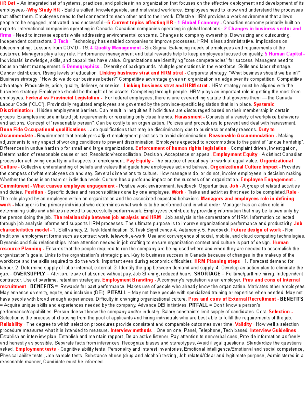 Cheat sheet HR - HR Def - An integrated set of systems, practices, and ...