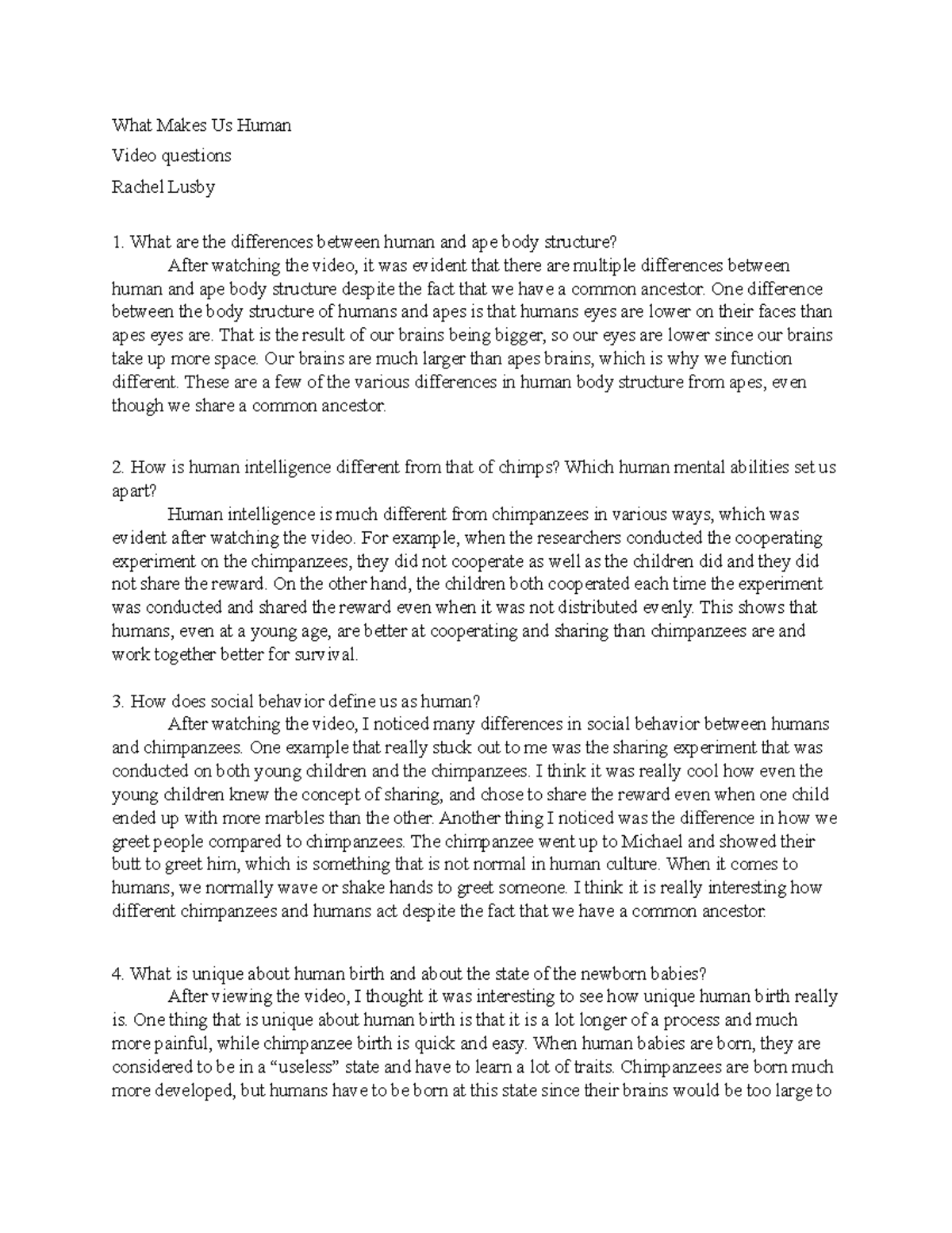 What Makes Us Human Rachel Lusby - What Makes Us Human Video questions ...