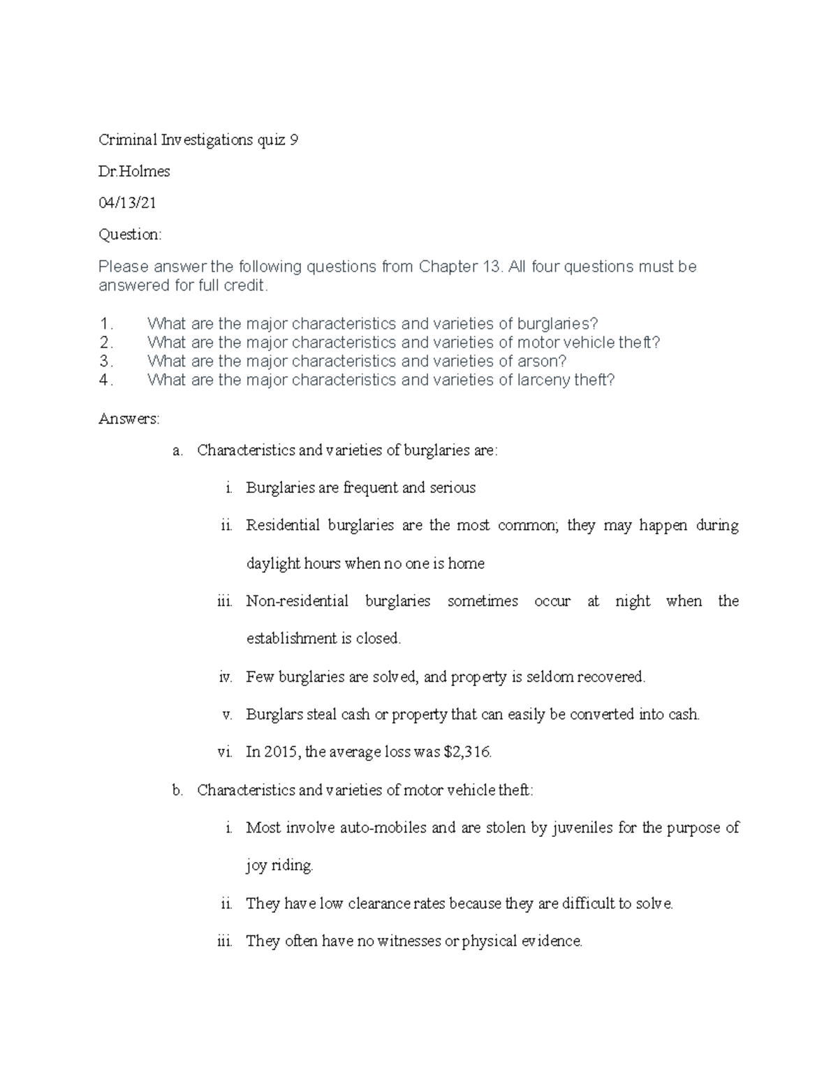 Criminal investigations quiz 9 - All four questions must be answered ...