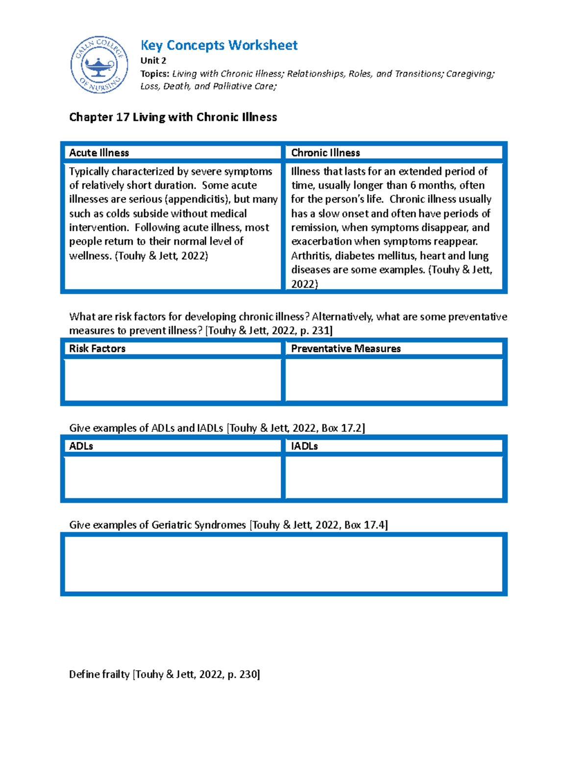 Unit 2 Key Concepts Worksheetnur 257 - Unit 2 Topics: Living with Chronic Illness; Relationships ...