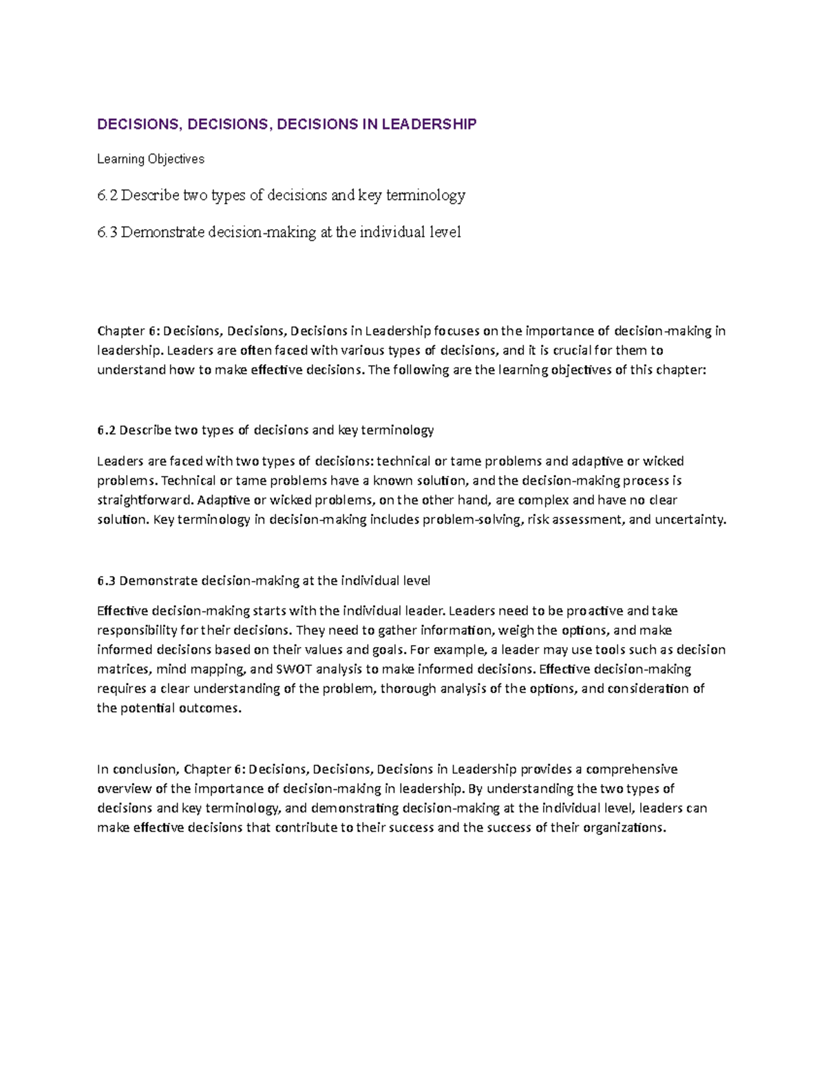 Chapter 6 - DECISIONS, DECISIONS, DECISIONS IN LEADERSHIP Learning ...