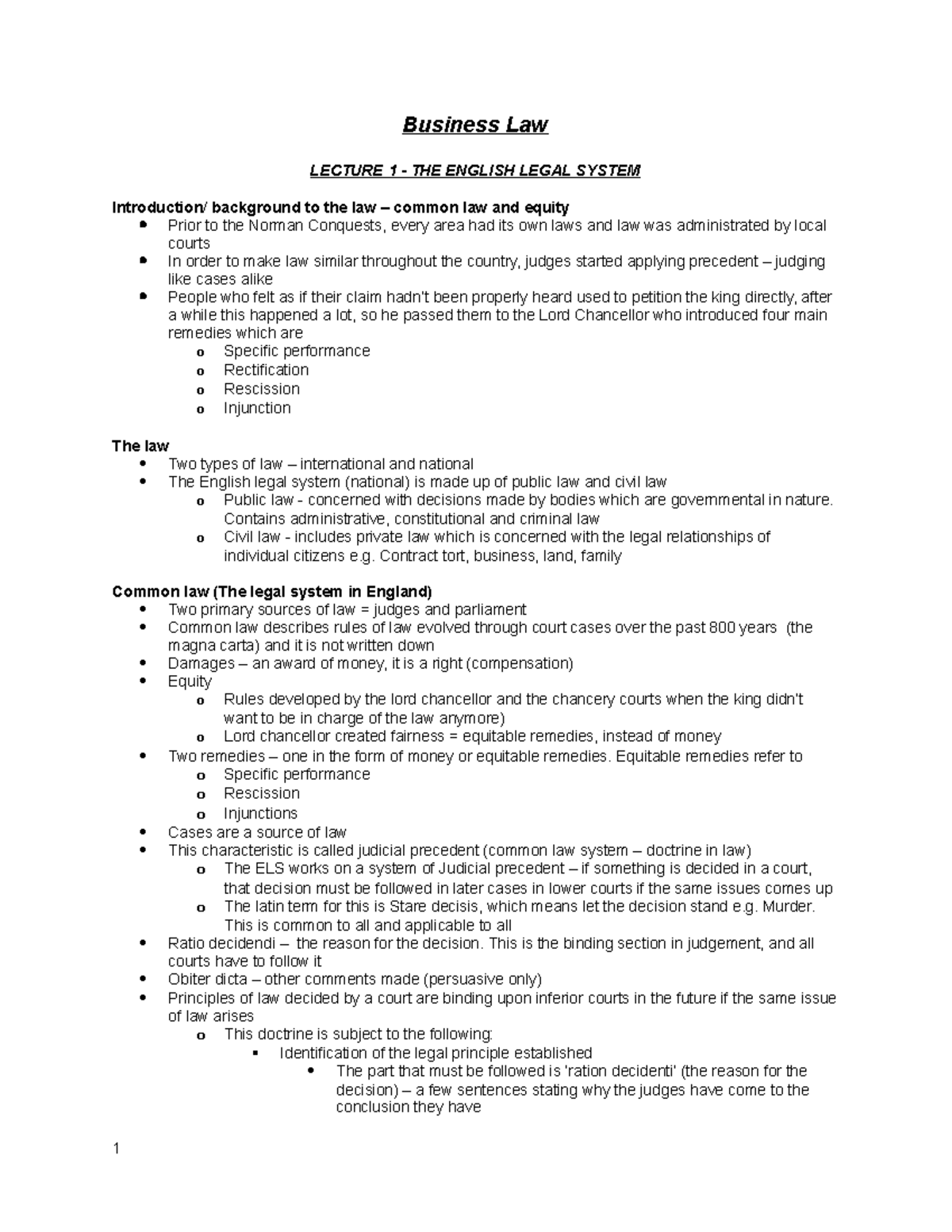 Business Law Lecture 1: The English Legal System - Studocu