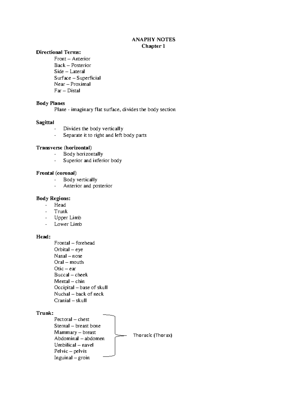 Anaphy- Notes - ANAPHY NOTES Chapter 1 Directional Terms: Front ...