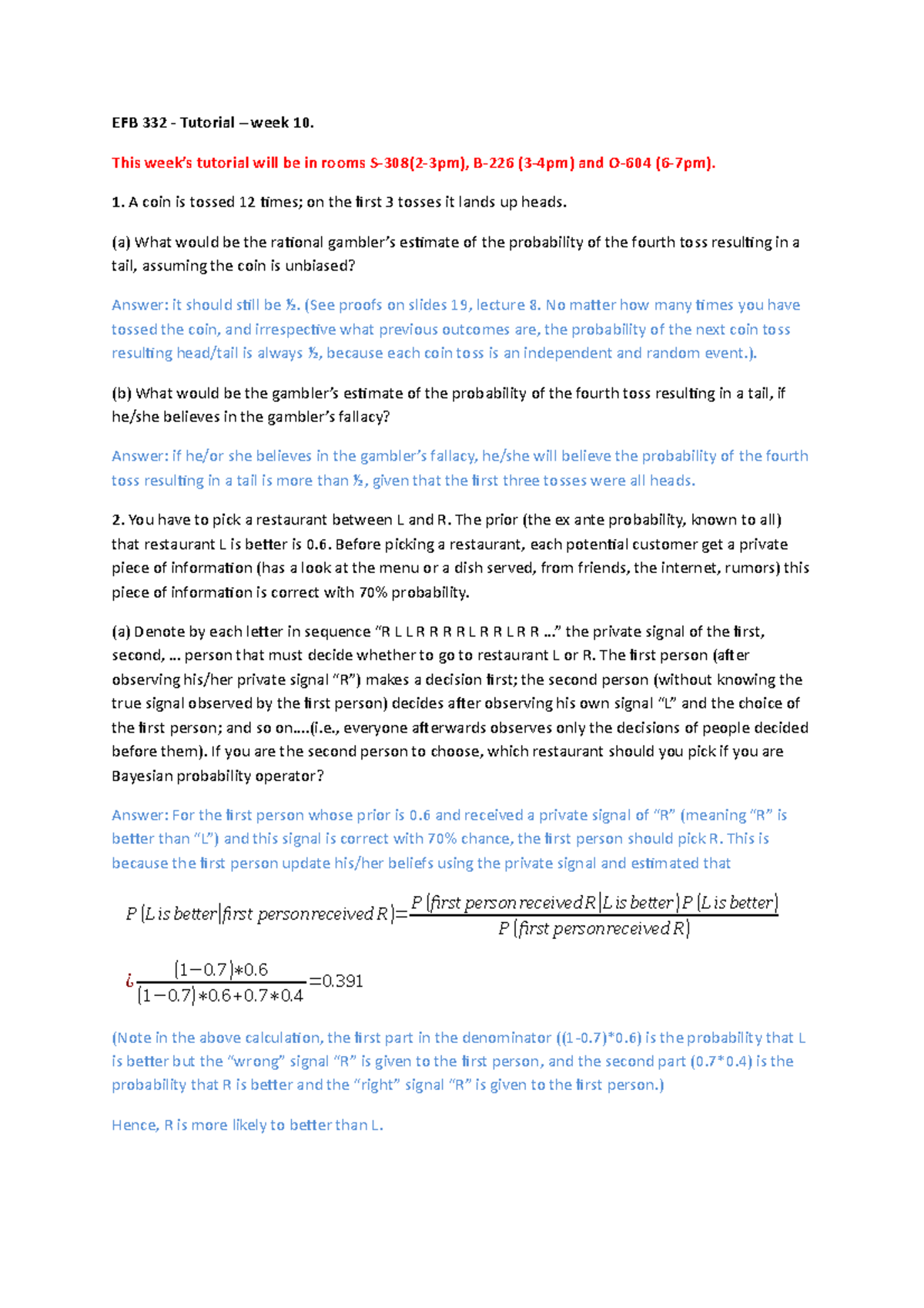 Tutorial Week 10 w answers - EFB 332 - Tutorial – week 10. This week’s ...