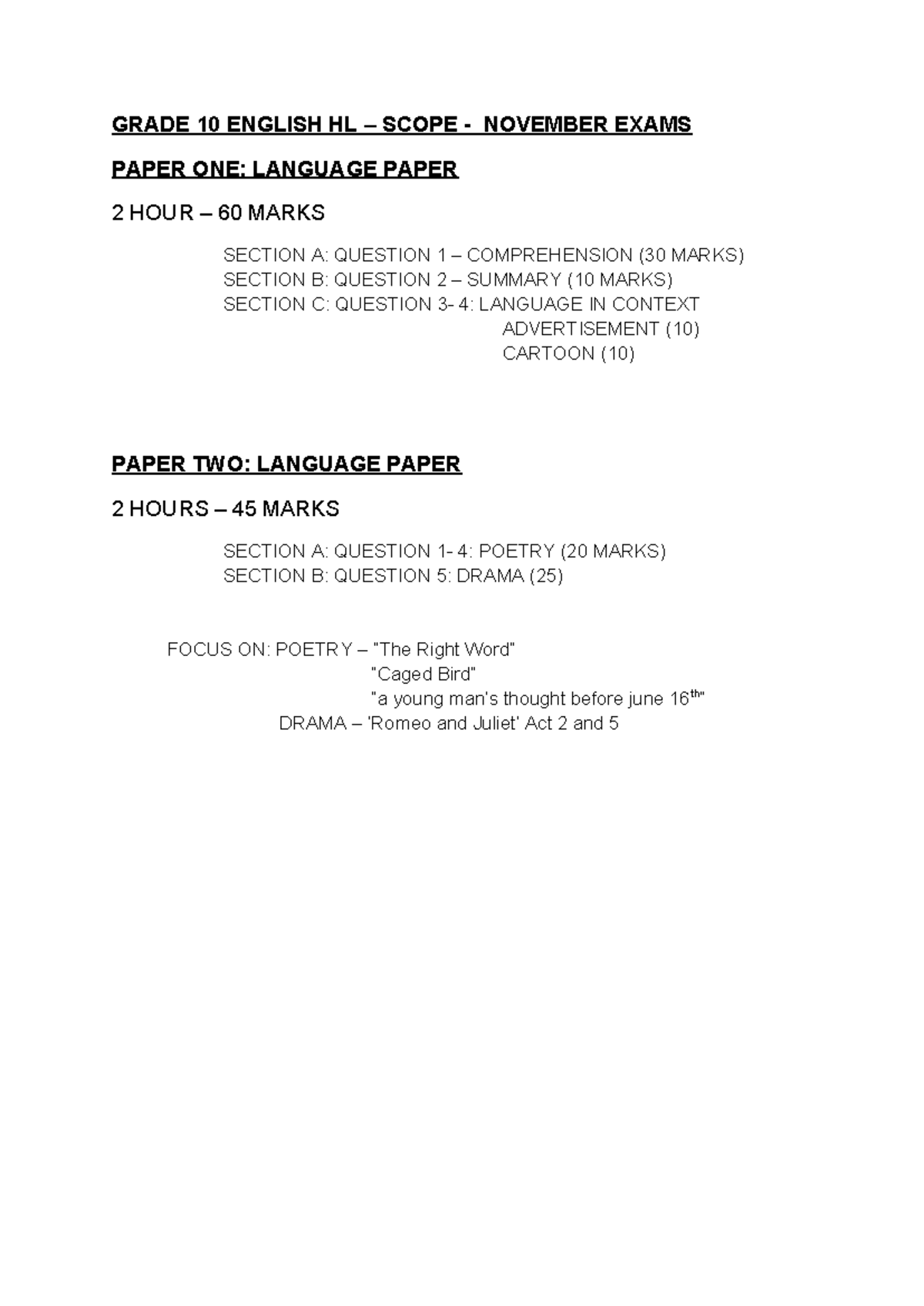 Grade-10- Scope - Just notes - GRADE 10 ENGLISH HL – SCOPE - NOVEMBER ...