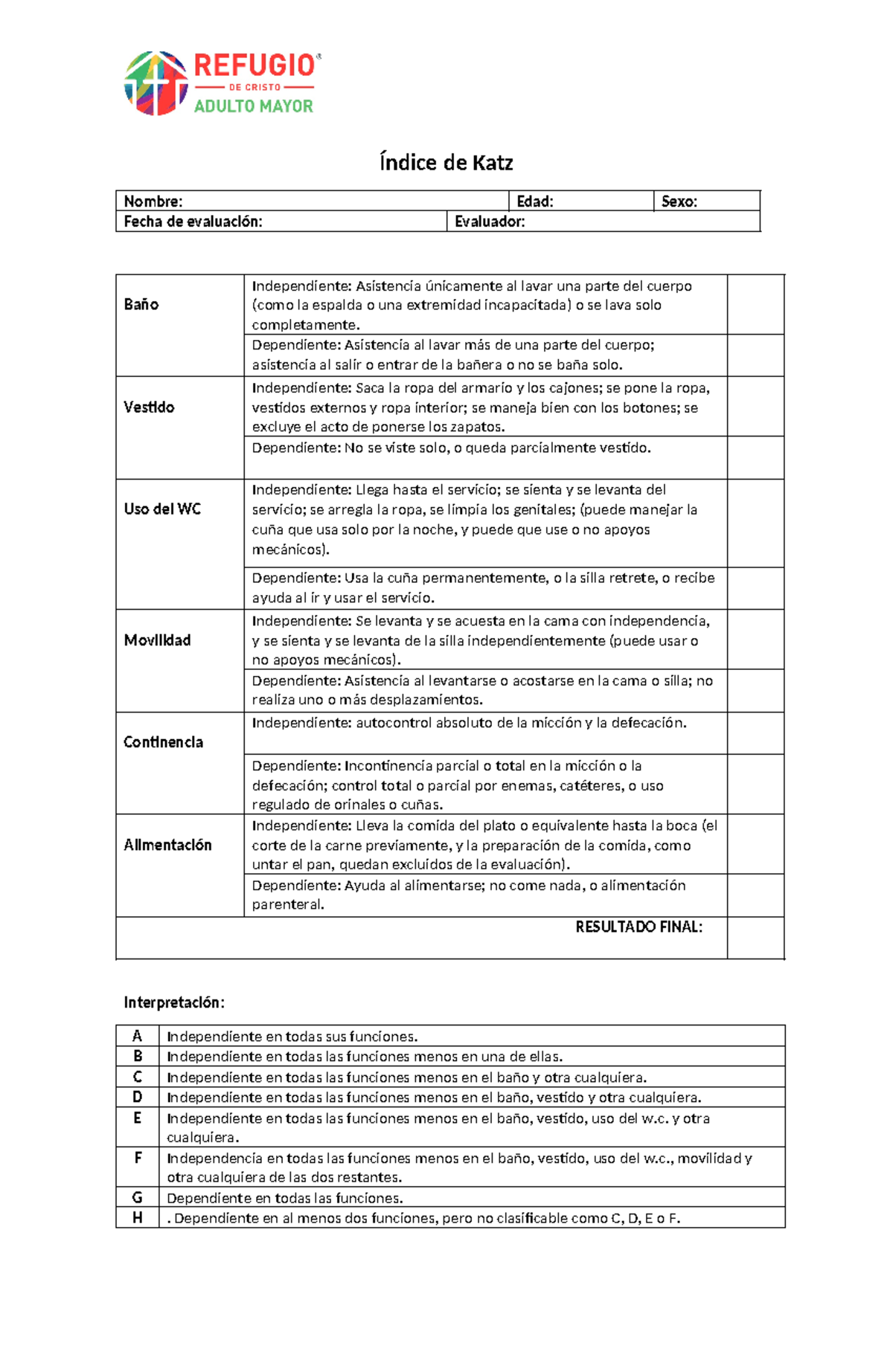 Índice de Katz - katz - Índice de Katz Nombre: Edad: Sexo: Fecha de ...