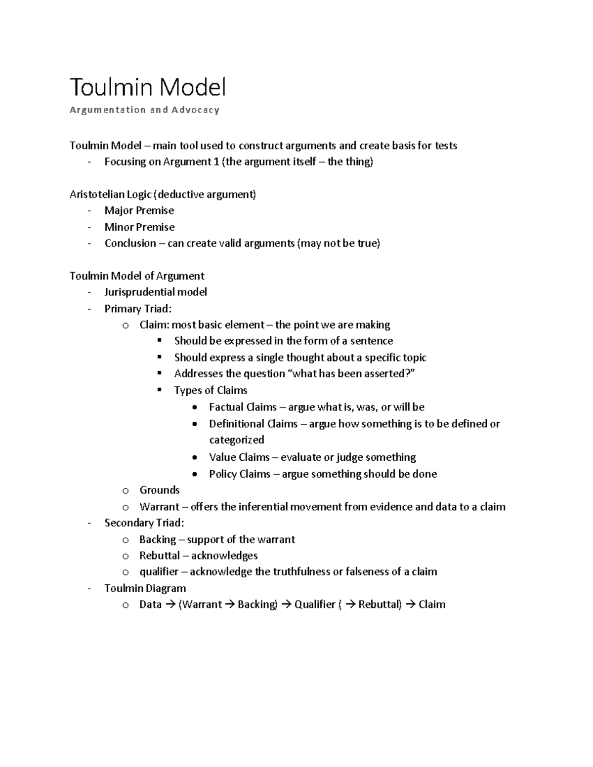 Toulmin Model Arg And Adv Toulmin Model Argumentation And Advocacy Toulmin Model Main