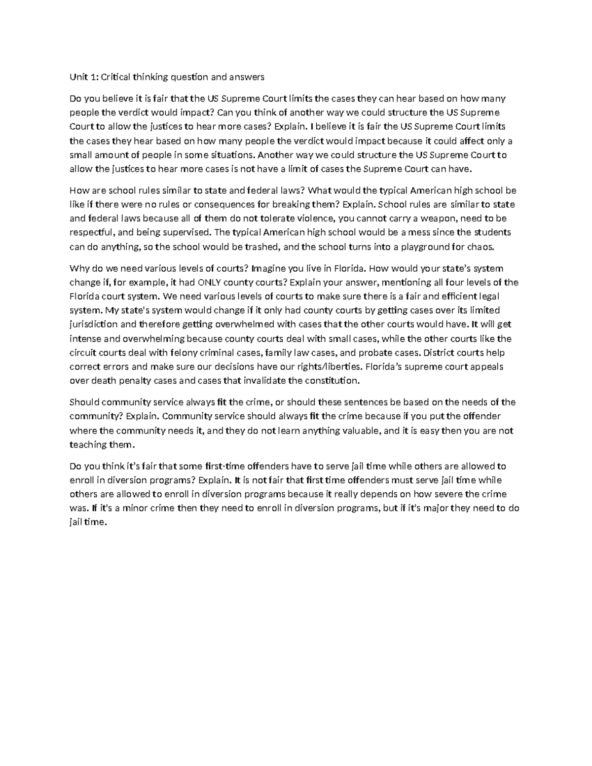 Unit 1 Critical thinking question and answers - Unit 1: Critical ...