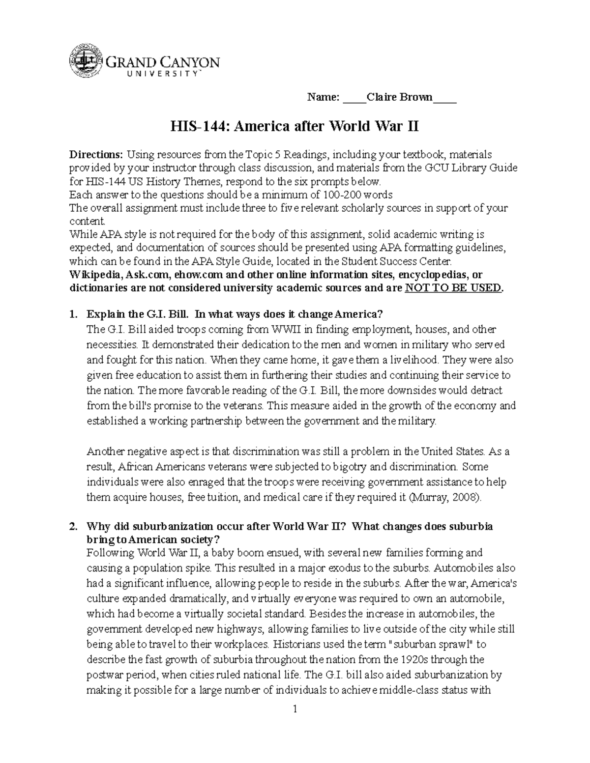 HIS-144 America After World War 2 Worksheet - Name: Claire Brown HIS ...