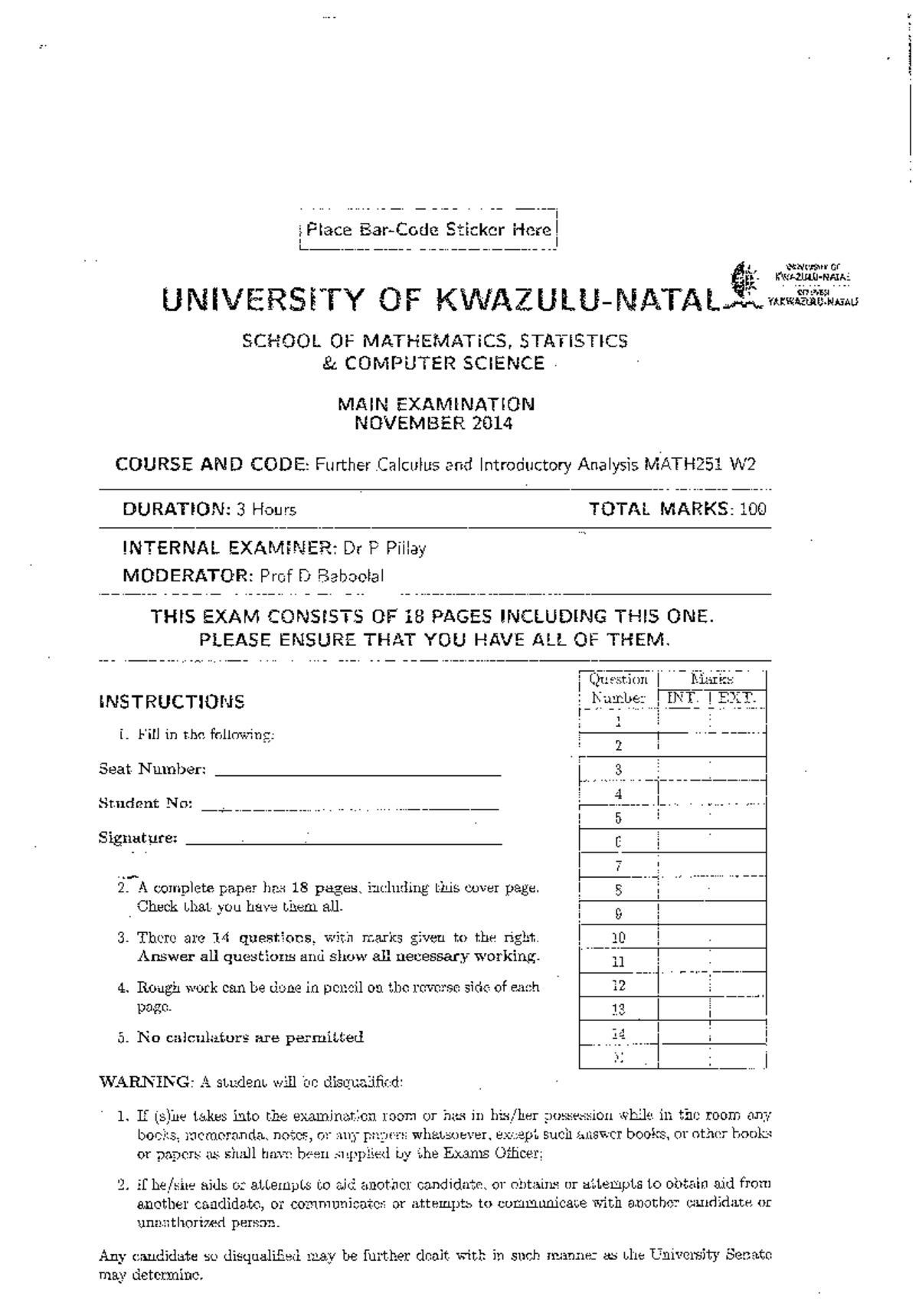 Exam 2014, questions - MATH251 - Studocu