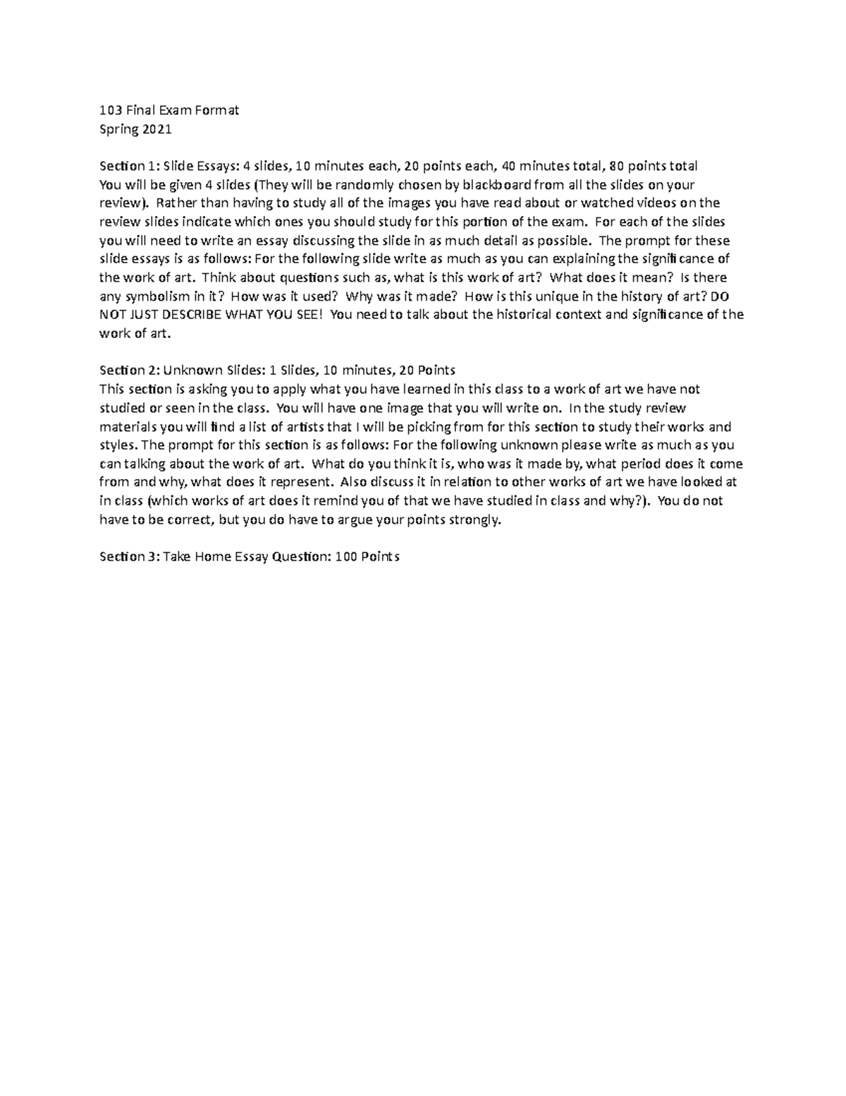 103 Final Exam Format - 103 Final Exam Format Spring 2021 Section 1 ...