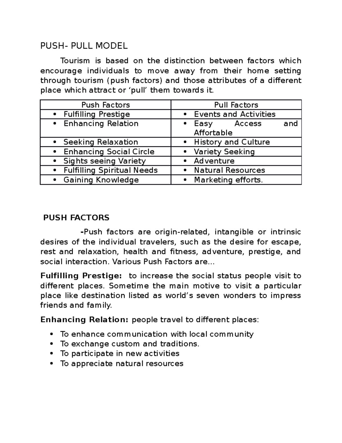 PUSH - PUSH-UP MODEL - PUSH- PULL MODEL Tourism is based on the ...